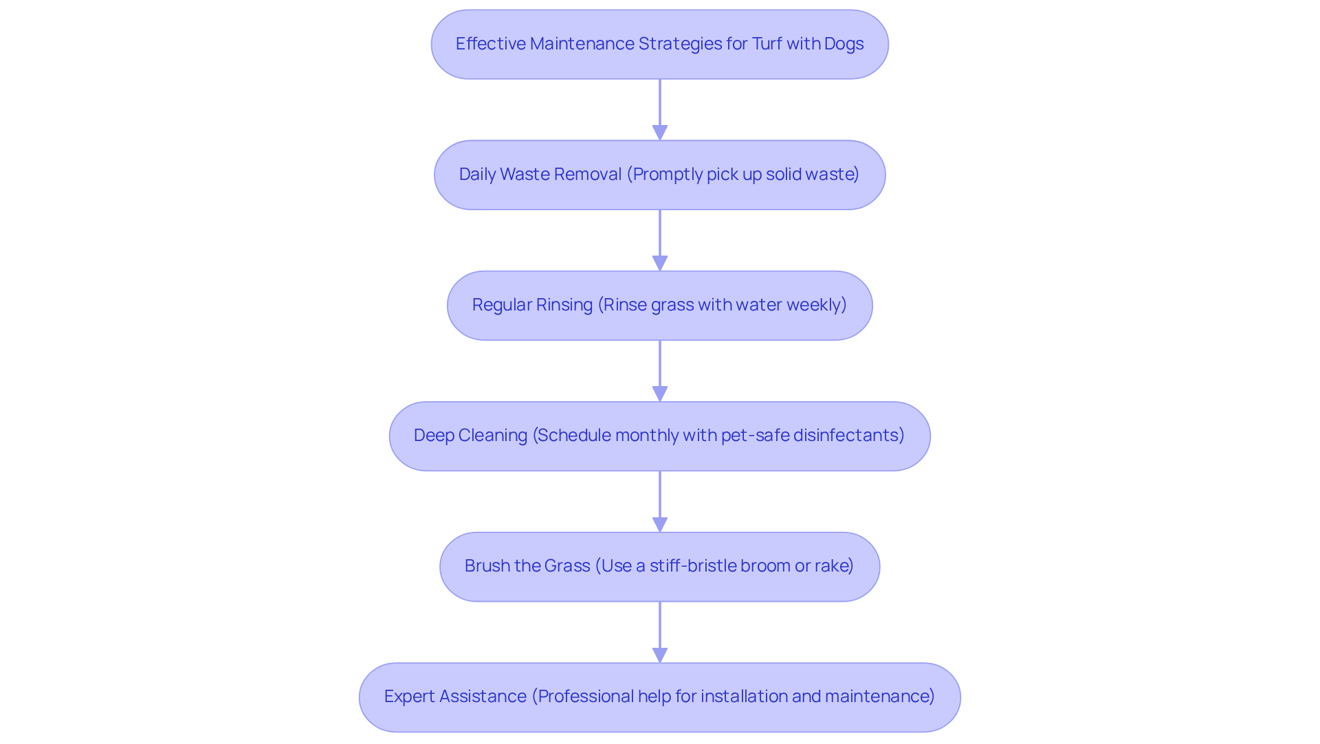 Each box represents a step in maintaining your turf. Follow the arrows to see the order of tasks that will help keep your turf clean and safe for your pets.