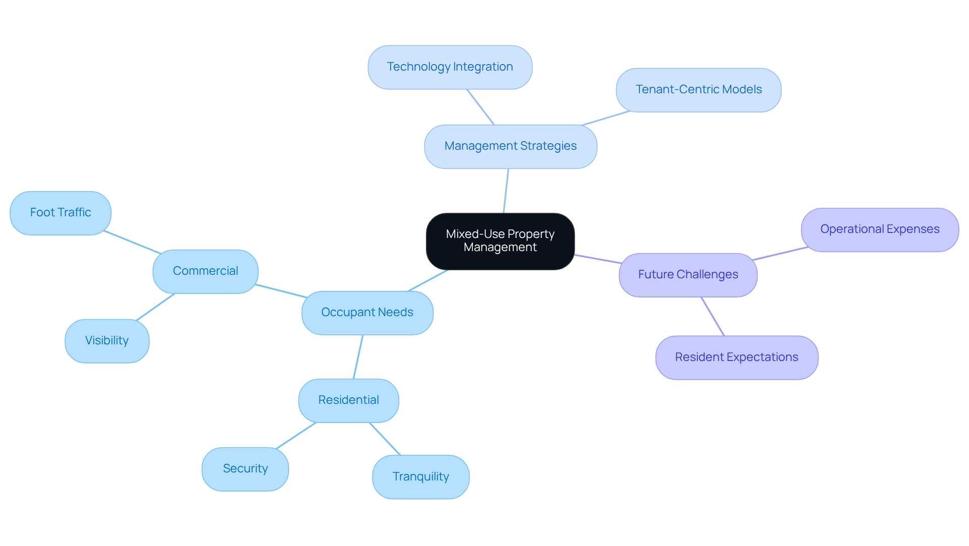 The central node represents the overall theme, while branches show different aspects of mixed-use properties. Each color-coded branch helps you see how various needs and strategies connect to the main topic.