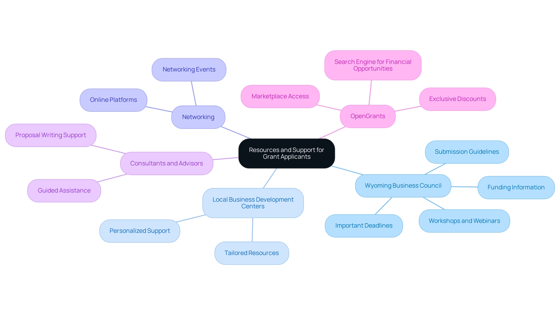 Each branch represents a category of support for grant applicants, with sub-branches detailing specific resources and opportunities available under that category. Each branch represents a category of support for grant applicants, with sub-branches detailing specific resources and opportunities available under that category.