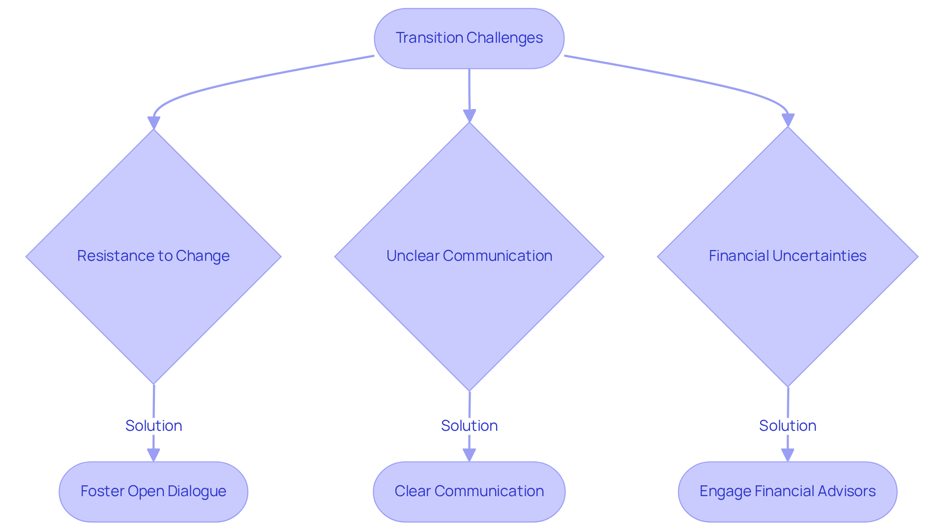 This flowchart shows the common challenges faced during the transition to worker ownership and the strategies to overcome them. Follow the arrows to see how each challenge connects to its solution.