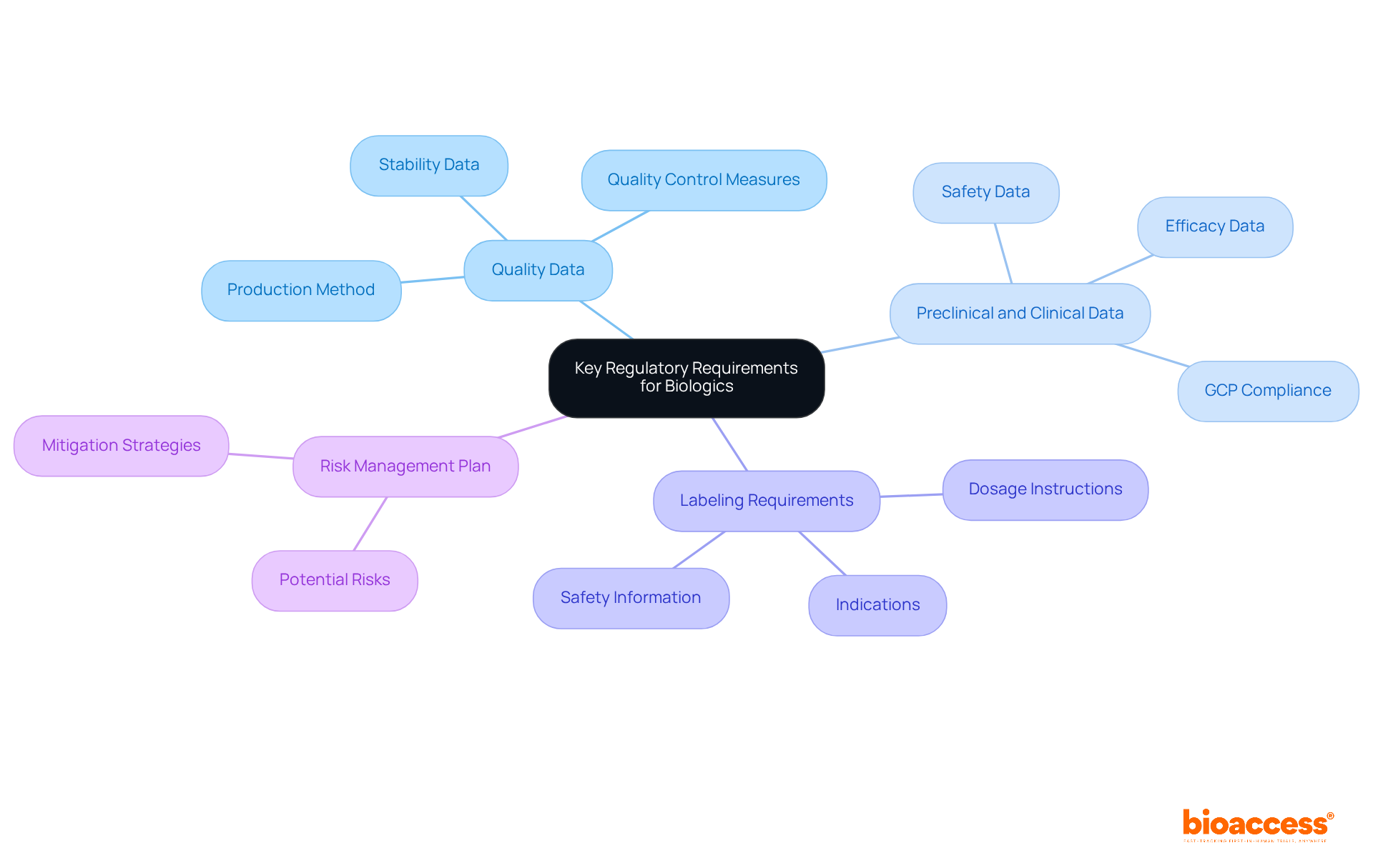 The center represents the main focus on regulatory requirements, with branches showing the key areas to consider. Each branch breaks down into specific details, helping you understand what is needed for successful biologic product approval.