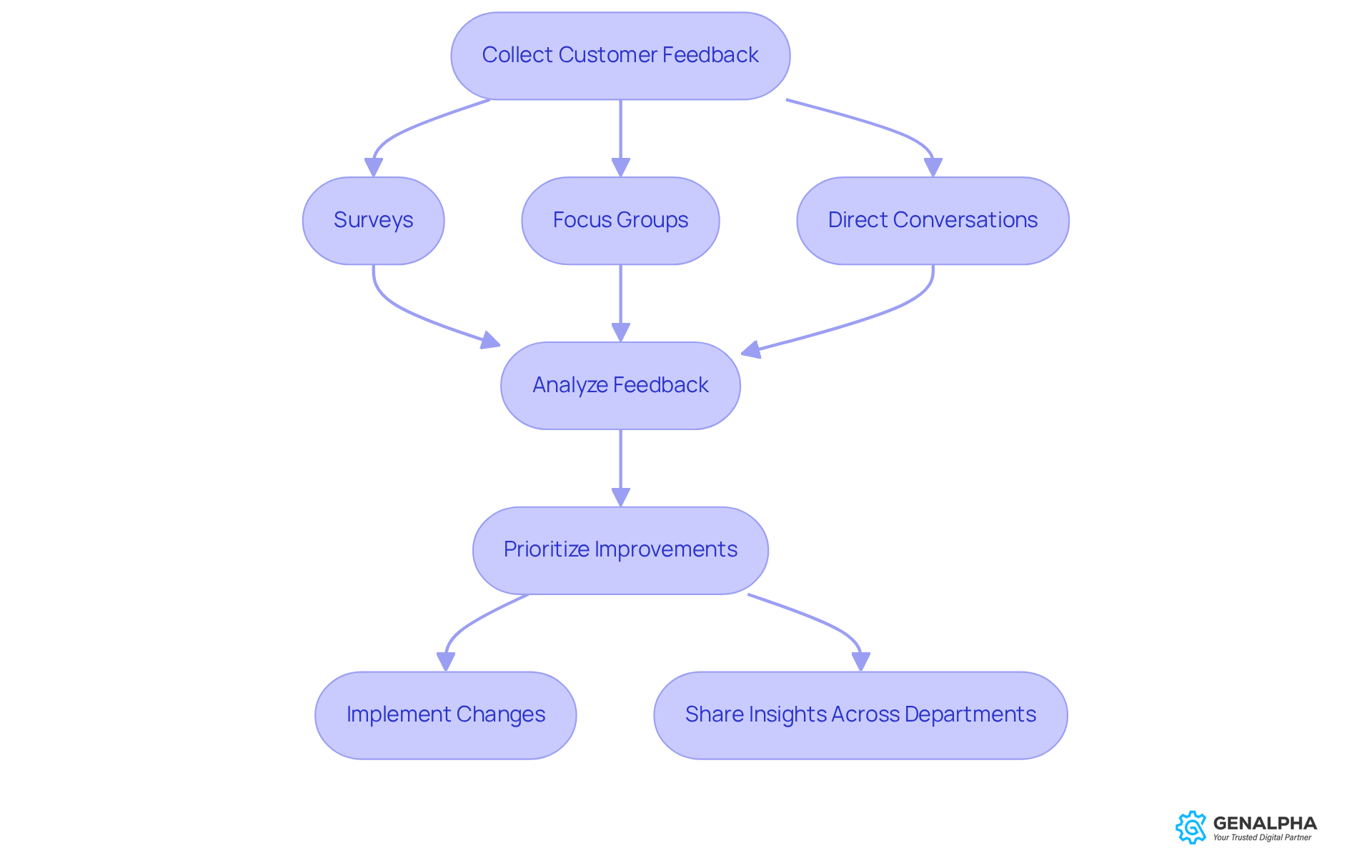 This flowchart shows how companies can gather and use customer feedback. Start at the top with collecting feedback, then follow the arrows to see how it gets analyzed, prioritized, and turned into improvements. Each step is important for making sure customer voices are heard and acted upon.