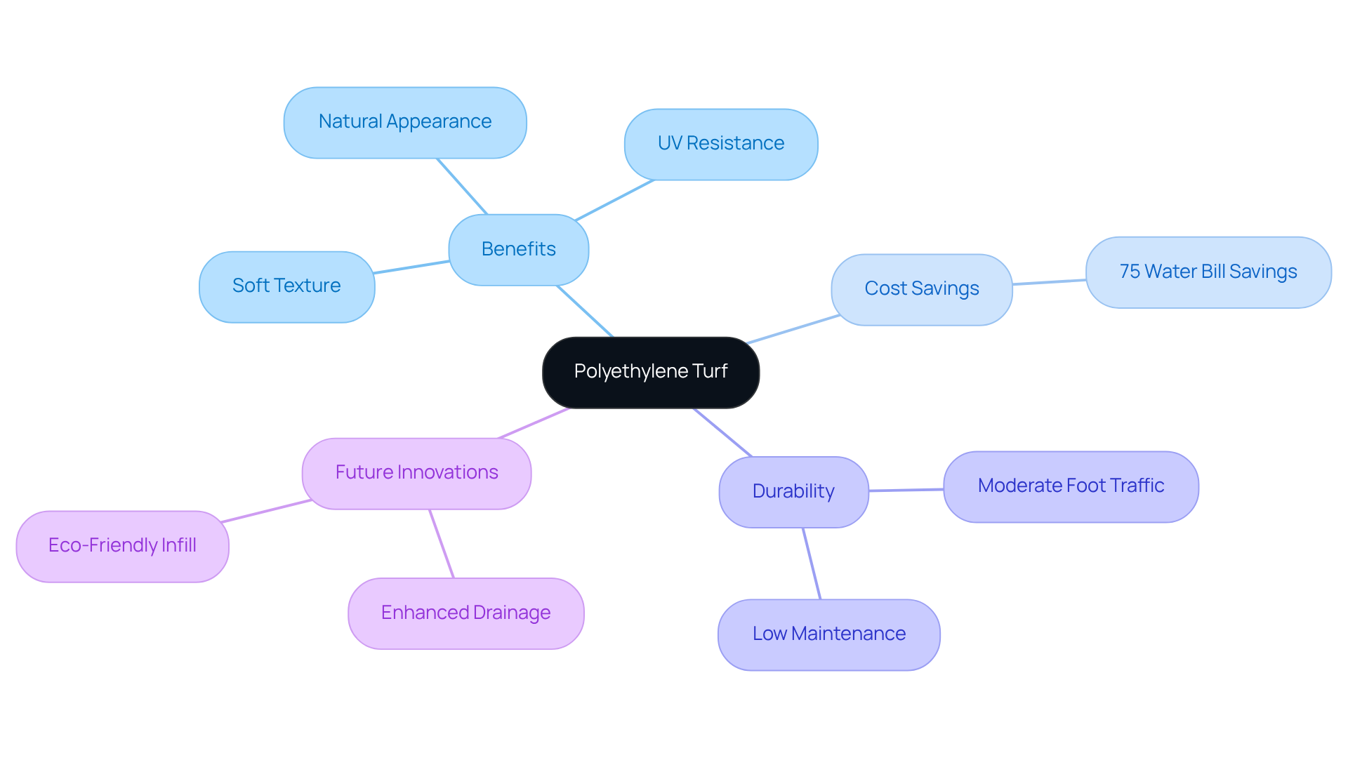 The central node represents polyethylene turf, while the branches show its various benefits and features. Each color-coded branch helps you easily identify different aspects of this landscaping solution.