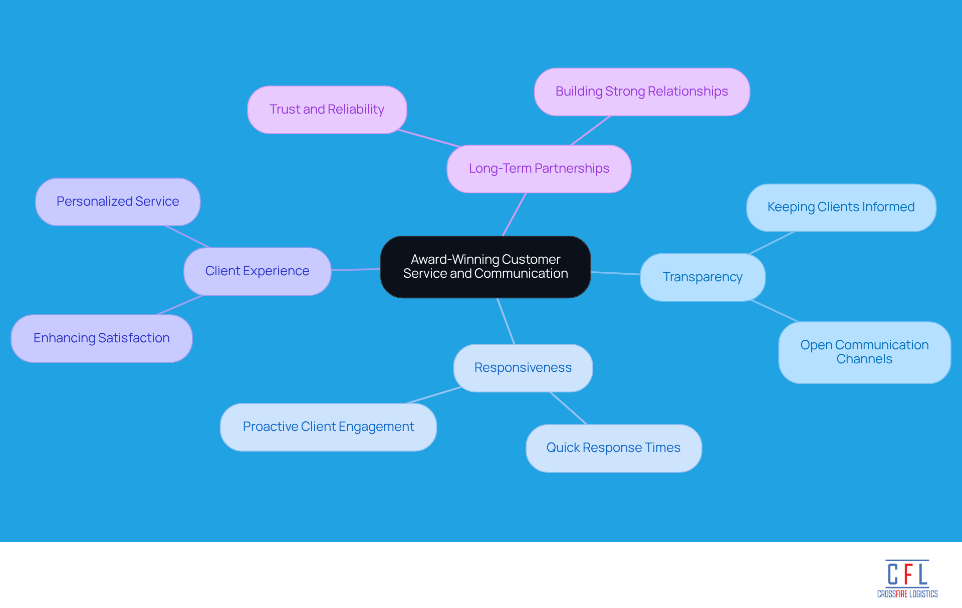 Start at the center with the main theme, then explore the branches to see how each aspect contributes to the company's reputation for outstanding service. Start at the center with the main theme, then explore the branches to see how each aspect contributes to the company's reputation for outstanding service.