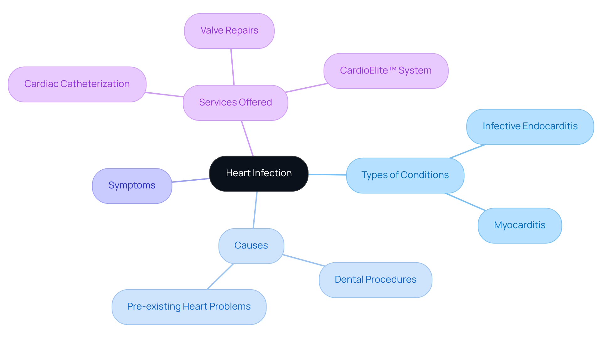 This mindmap starts with the main topic of heart infection at the center. From there, you can explore different types of heart infections, what causes them, the symptoms to watch for, and the services available to help manage these conditions. Each branch represents a key area of understanding, making it easier to see how everything connects.