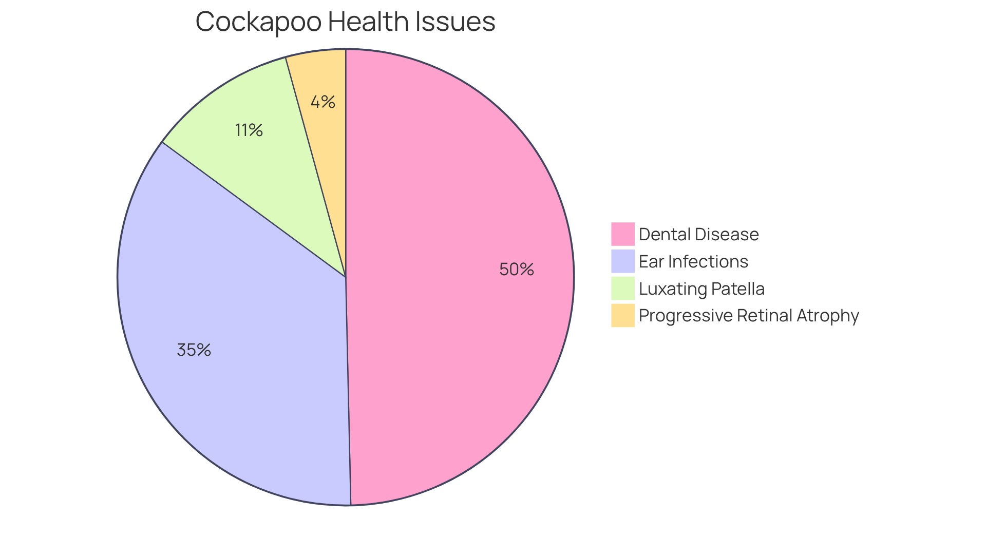 Each slice of the pie represents a health problem affecting Cockapoos. The size of each slice shows how common that issue is among the breed — a larger slice means a higher percentage of dogs are affected by that health concern.