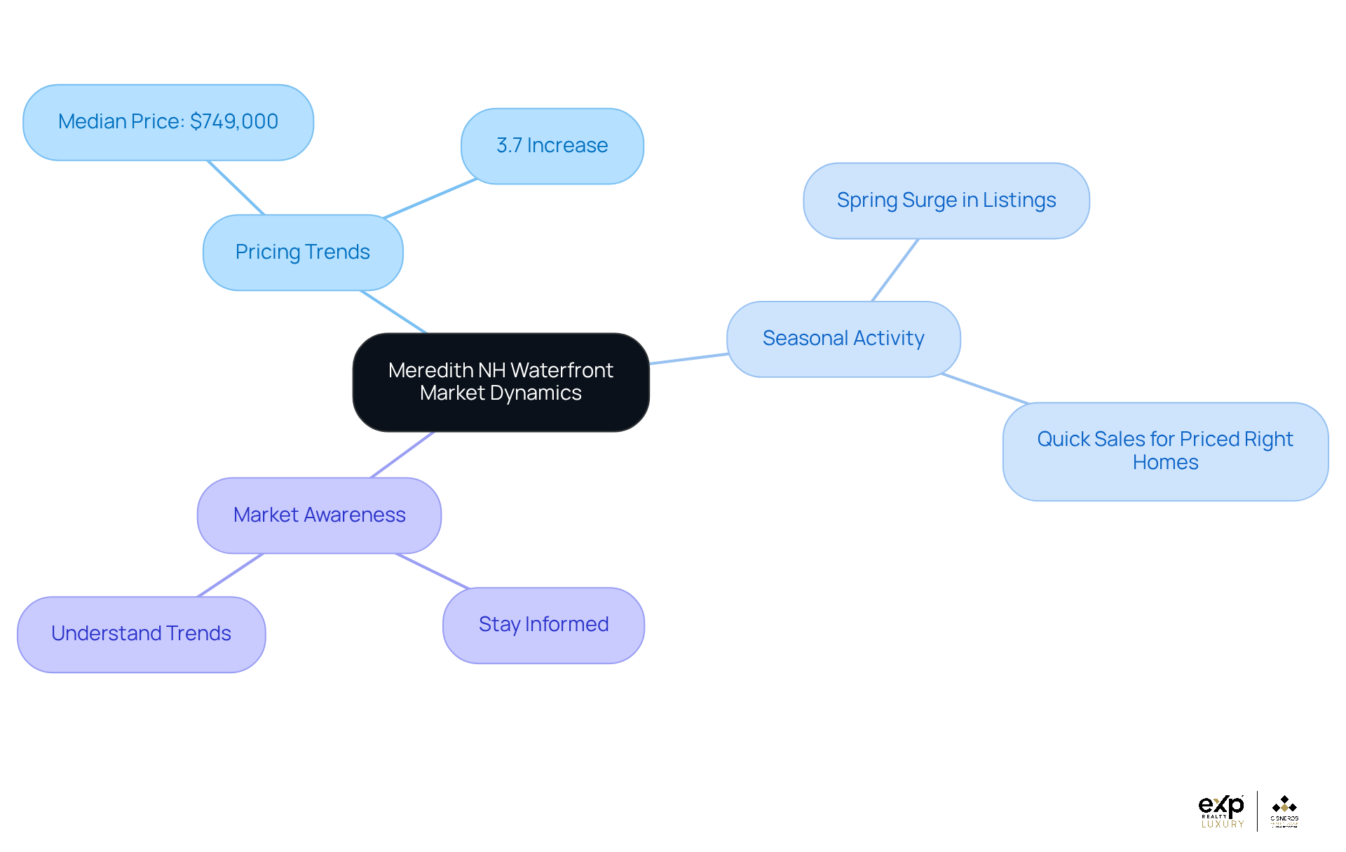 Start at the center with the main topic, then follow the branches to explore pricing trends, seasonal changes, and the importance of staying informed about the market.