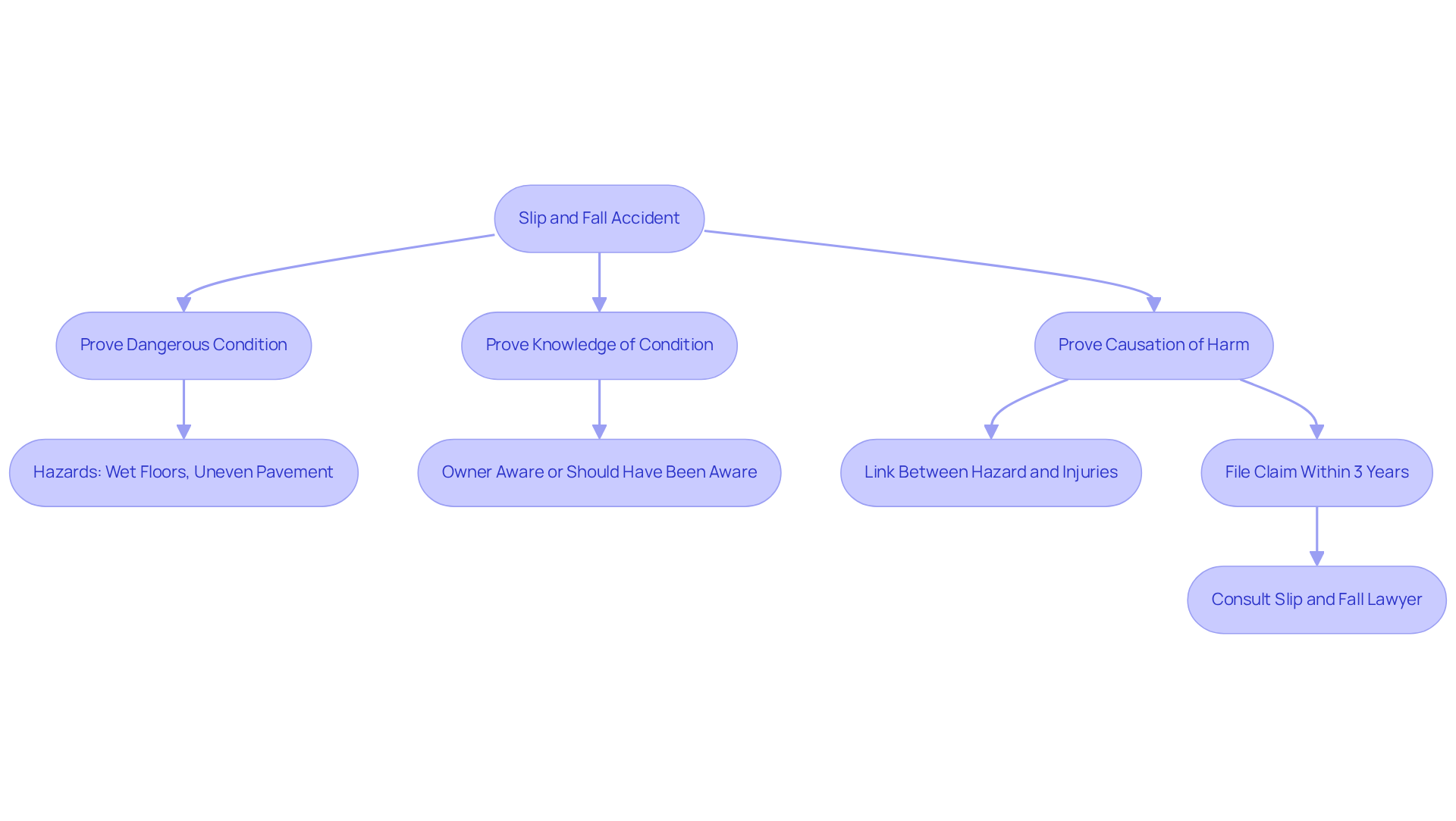 This flowchart guides you through the essential steps to take after a slip and fall accident. Start at the top with the accident, then follow the arrows to see what you need to prove to build your case. Each box represents a key element you must establish to seek justice for your injuries.