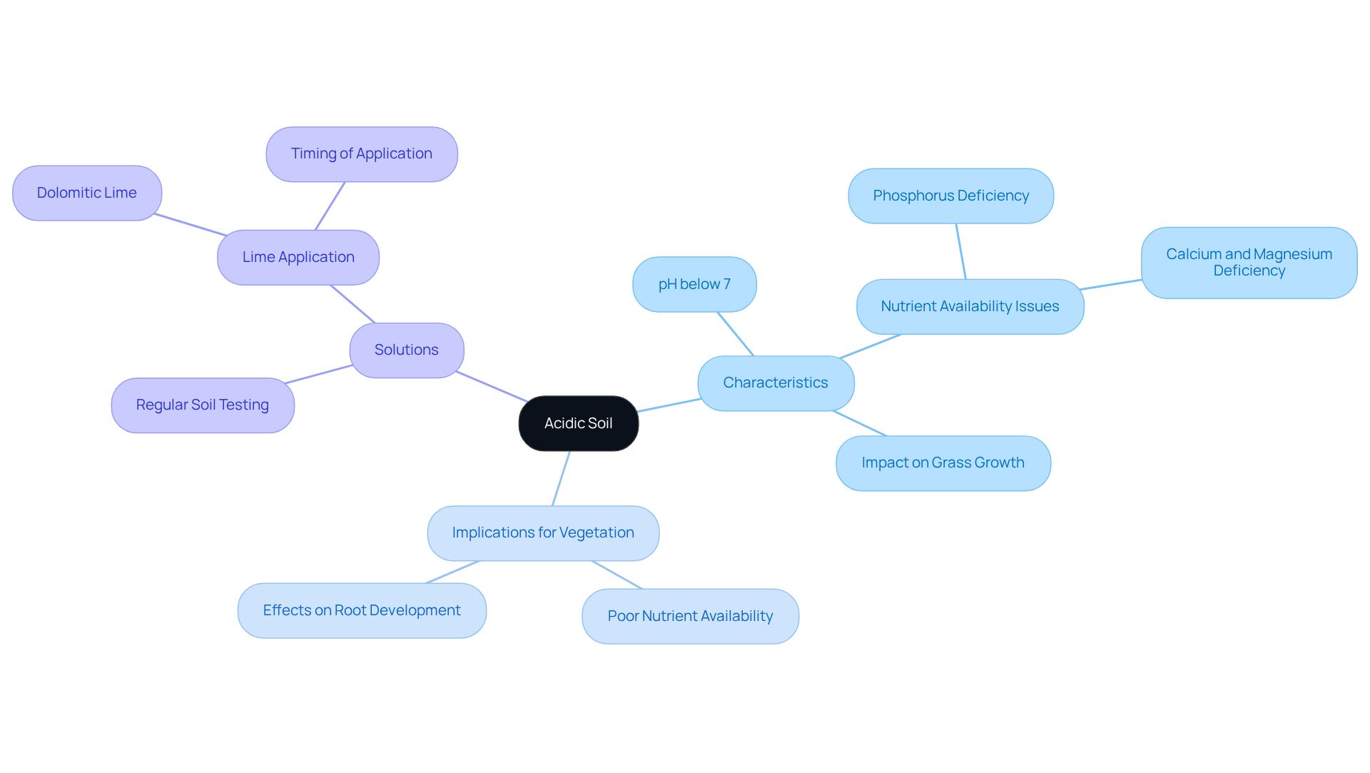 The central node represents acidic soil, with branches showing its characteristics, how it affects plant health, and the solutions available. Each branch helps you see the connections and importance of maintaining proper soil pH.