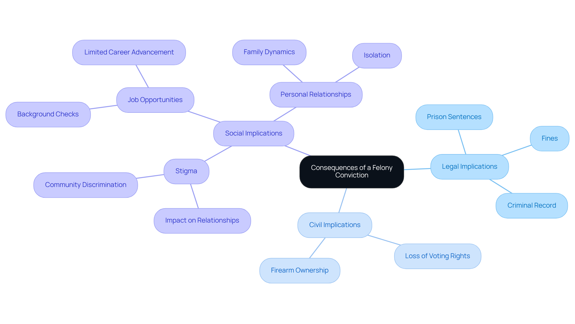 The central node represents the overall topic, while the branches show the different areas affected by a felony conviction. Each sub-node provides specific details about the implications in that area. The central node represents the overall topic, while the branches show the different areas affected by a felony conviction. Each sub-node provides specific details about the implications in that area.