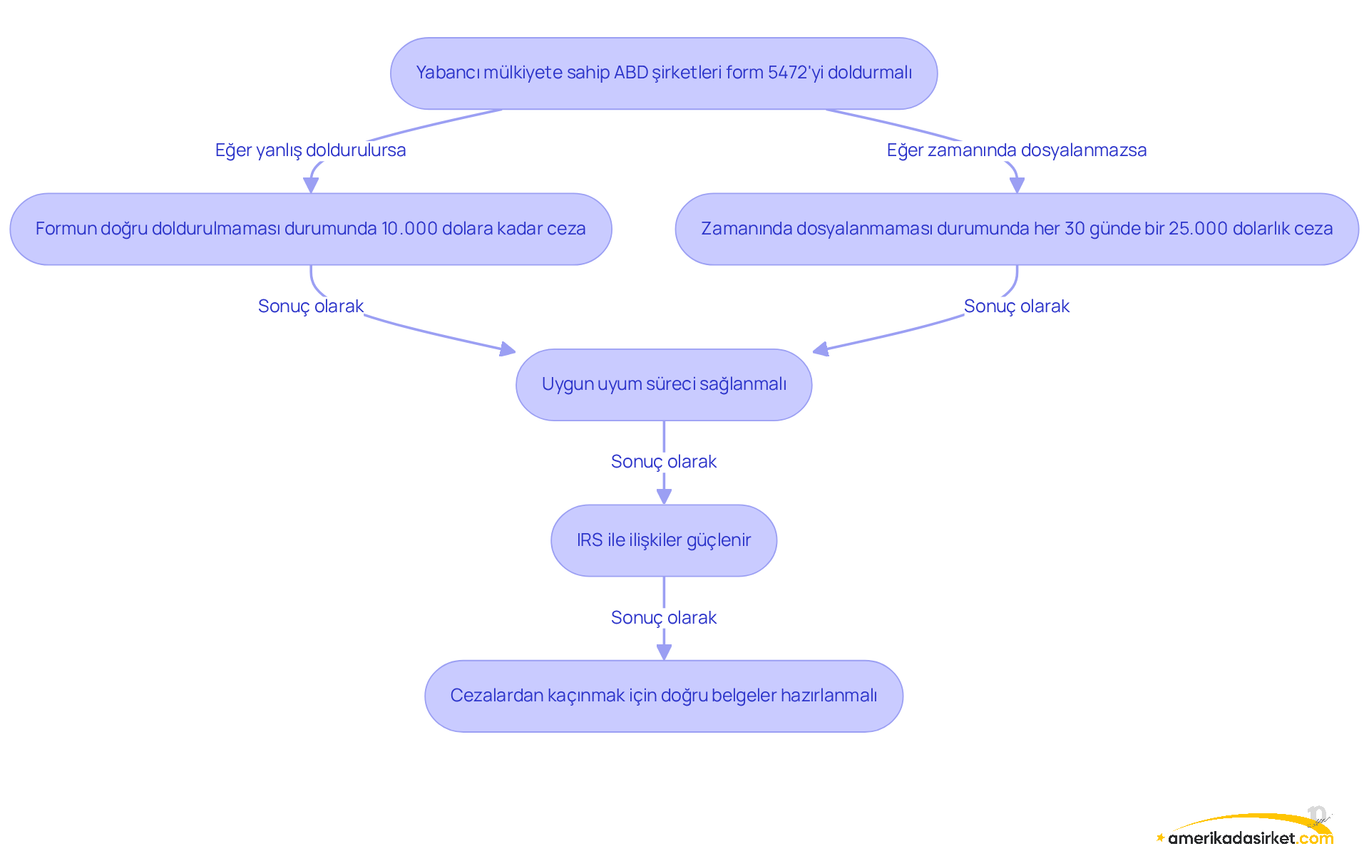 Bu diyagram, Form 5472'nin uyum süreçlerini gösteriyor. Her kutu, sürecin bir aşamasını temsil ediyor. Oklar, adımlar arasındaki bağlantıları gösteriyor. Sürecin her aşamasında dikkat edilmesi gereken önemli noktalar var.