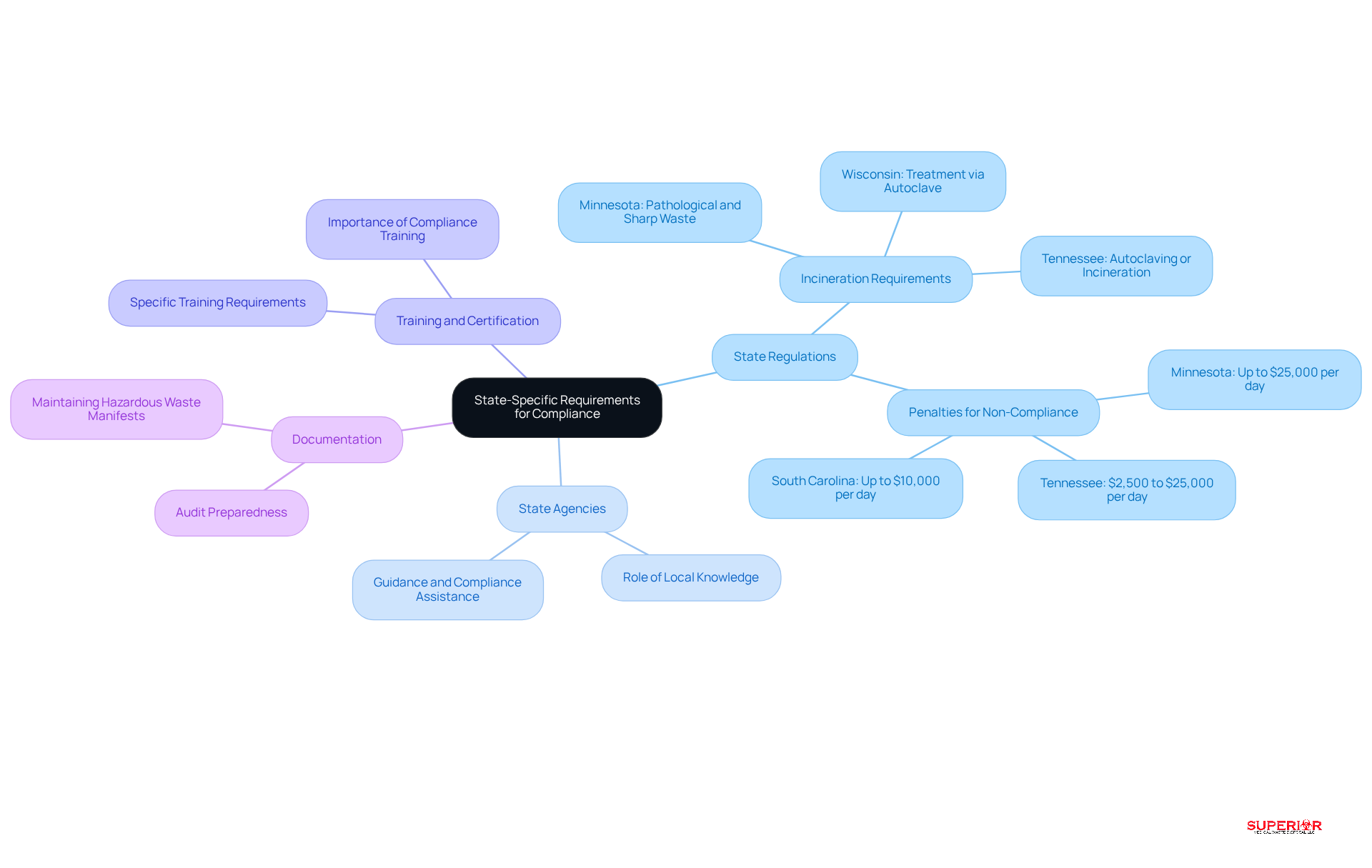 The central node represents the overall theme of compliance, while each branch shows a key area of focus. Sub-branches provide more detail on specific practices and requirements, helping you understand how to navigate state regulations effectively.