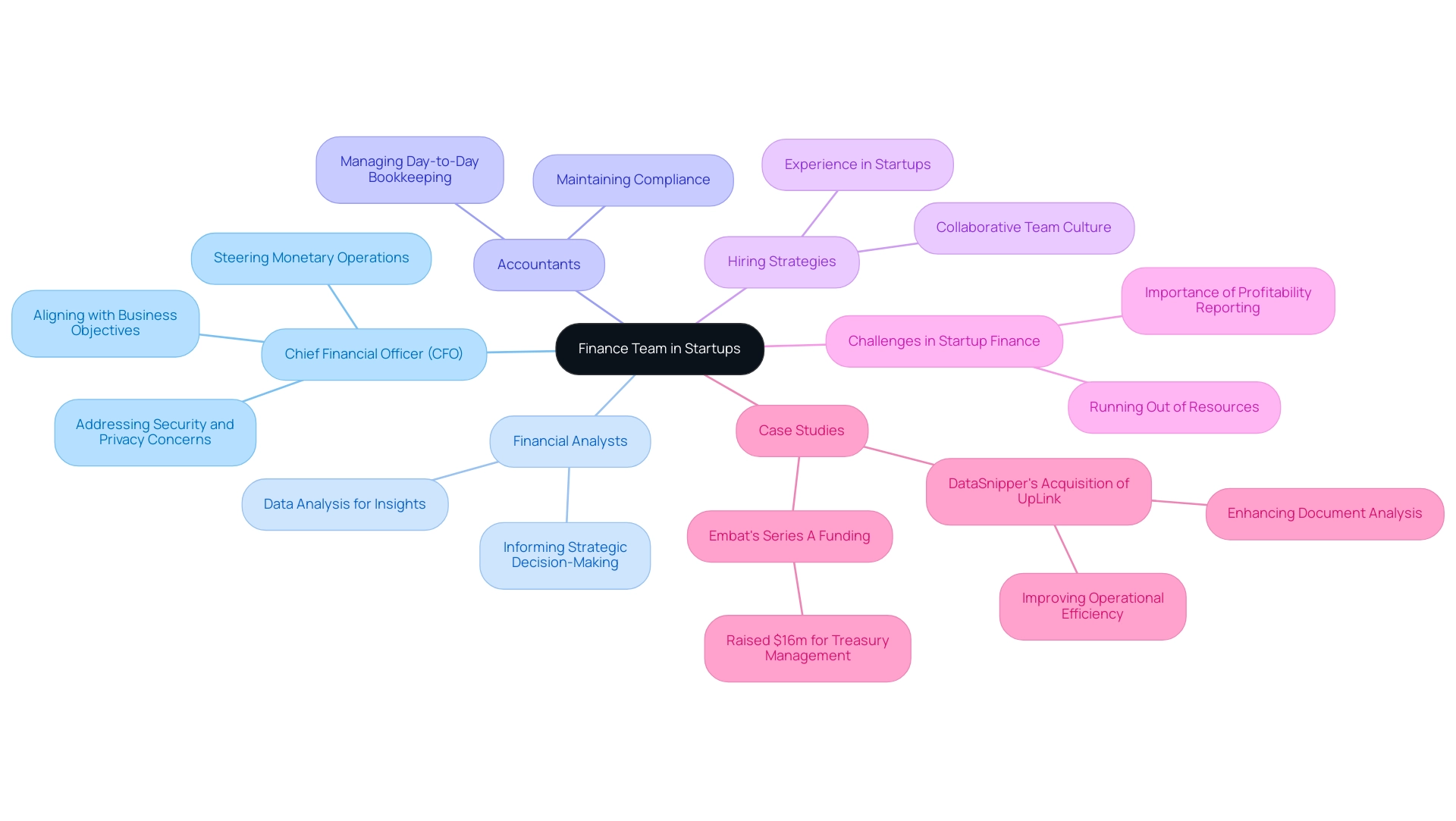 Central node represents the finance team, with branches for each role and their responsibilities, along with hiring strategies and their importance.