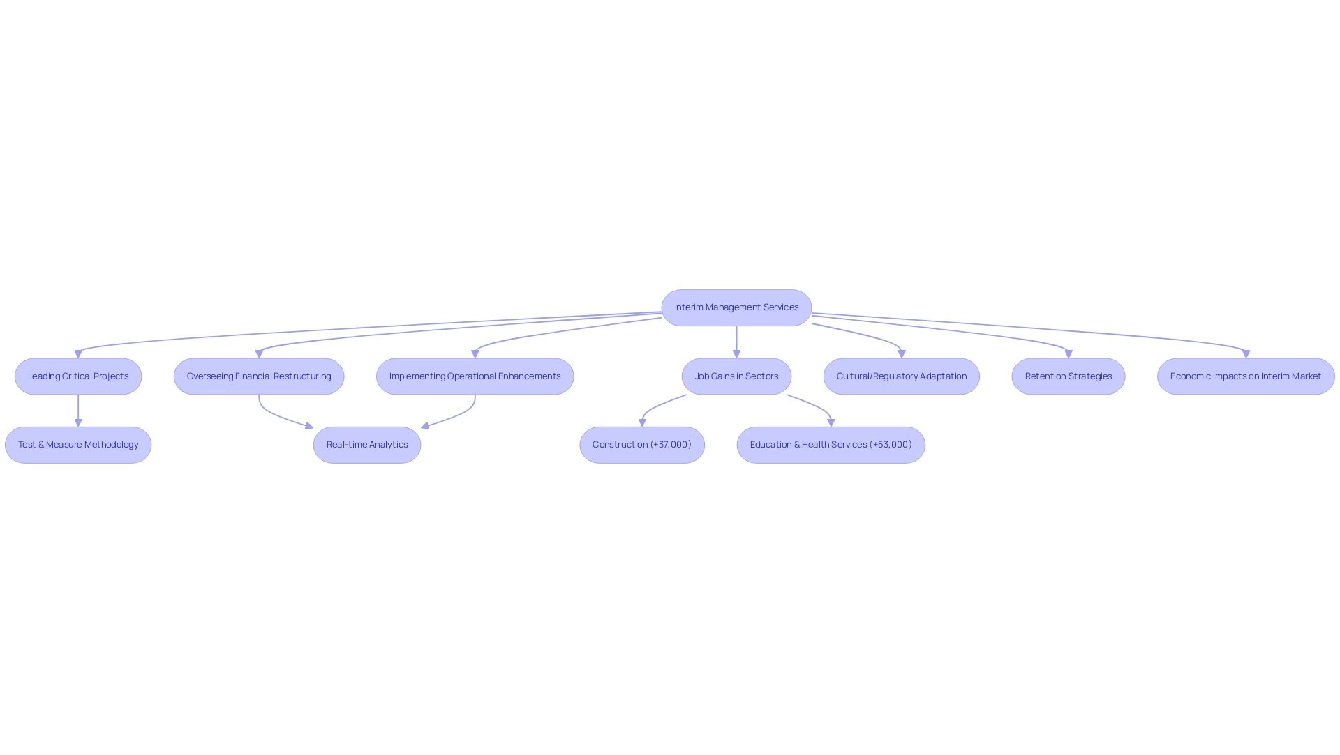 Each box represents a specific role or action within interim management, with arrows indicating the flow and relationships among factors affecting the business environment.