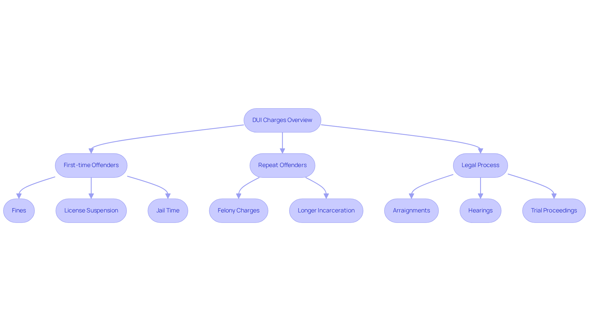 This flowchart guides you through the process of DUI charges. Start at the top with an overview, then follow the paths for first-time and repeat offenders to see the penalties they might face. The side branch shows the legal process involved after a DUI charge.