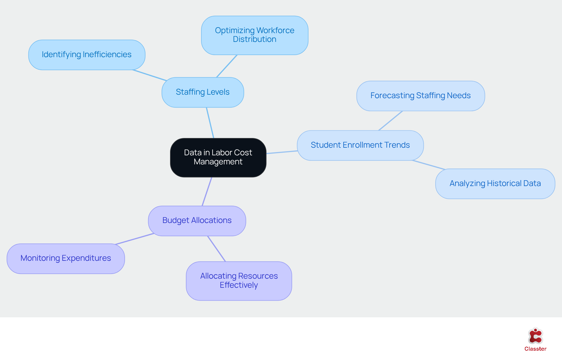 The central node represents the overarching theme of data in labor cost management. Each branch shows a key area of focus, and the sub-branches provide specific insights or actions related to that area. This structure helps you see how data influences decision-making in educational organizations.
