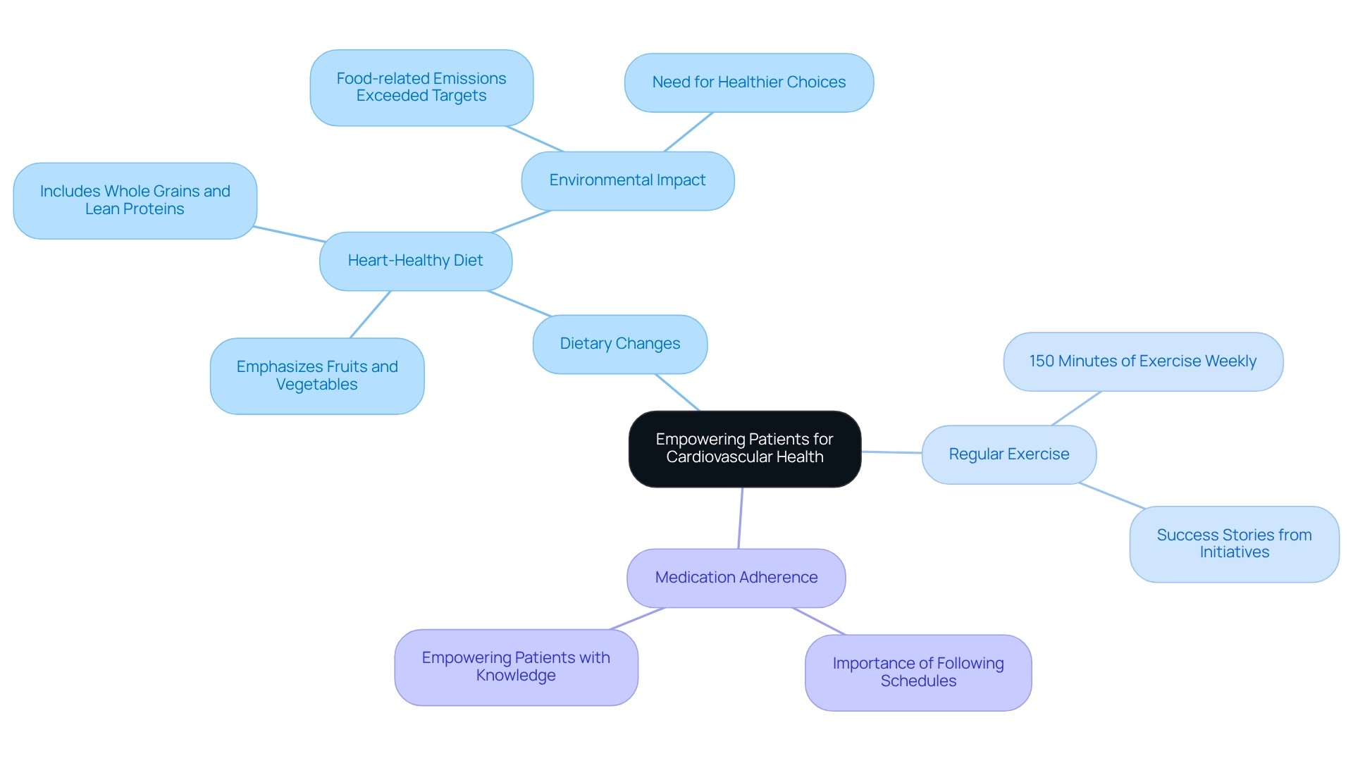 The central node represents the overall theme, with branches indicating key strategies for improving cardiovascular health through lifestyle changes and medication adherence. The central node represents the overall theme, with branches indicating key strategies for improving cardiovascular health through lifestyle changes and medication adherence.