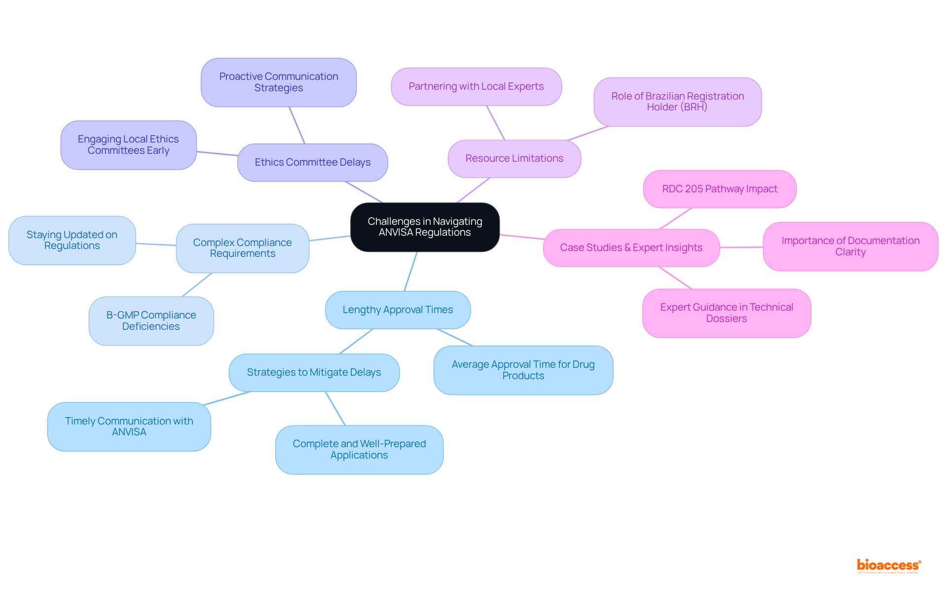 This mindmap illustrates various challenges faced when navigating ANVISA regulations. Each main branch represents a challenge, and the sub-branches provide actionable strategies or insights to overcome these hurdles.