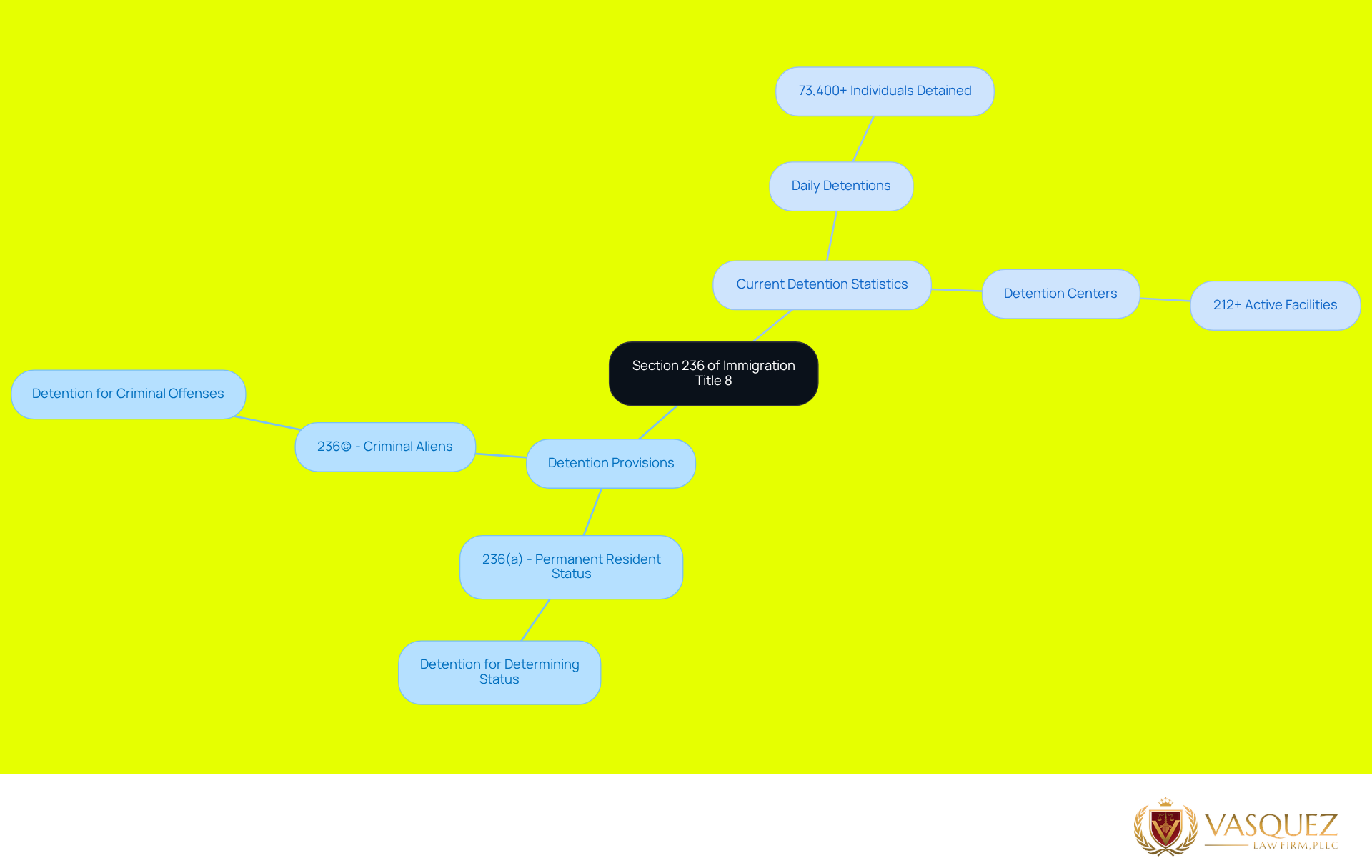This mindmap starts with the main topic of Section 236 and branches out to show specific laws and current statistics. Each branch represents a different aspect of the law, helping you see how they connect and what they mean for individuals facing detention.