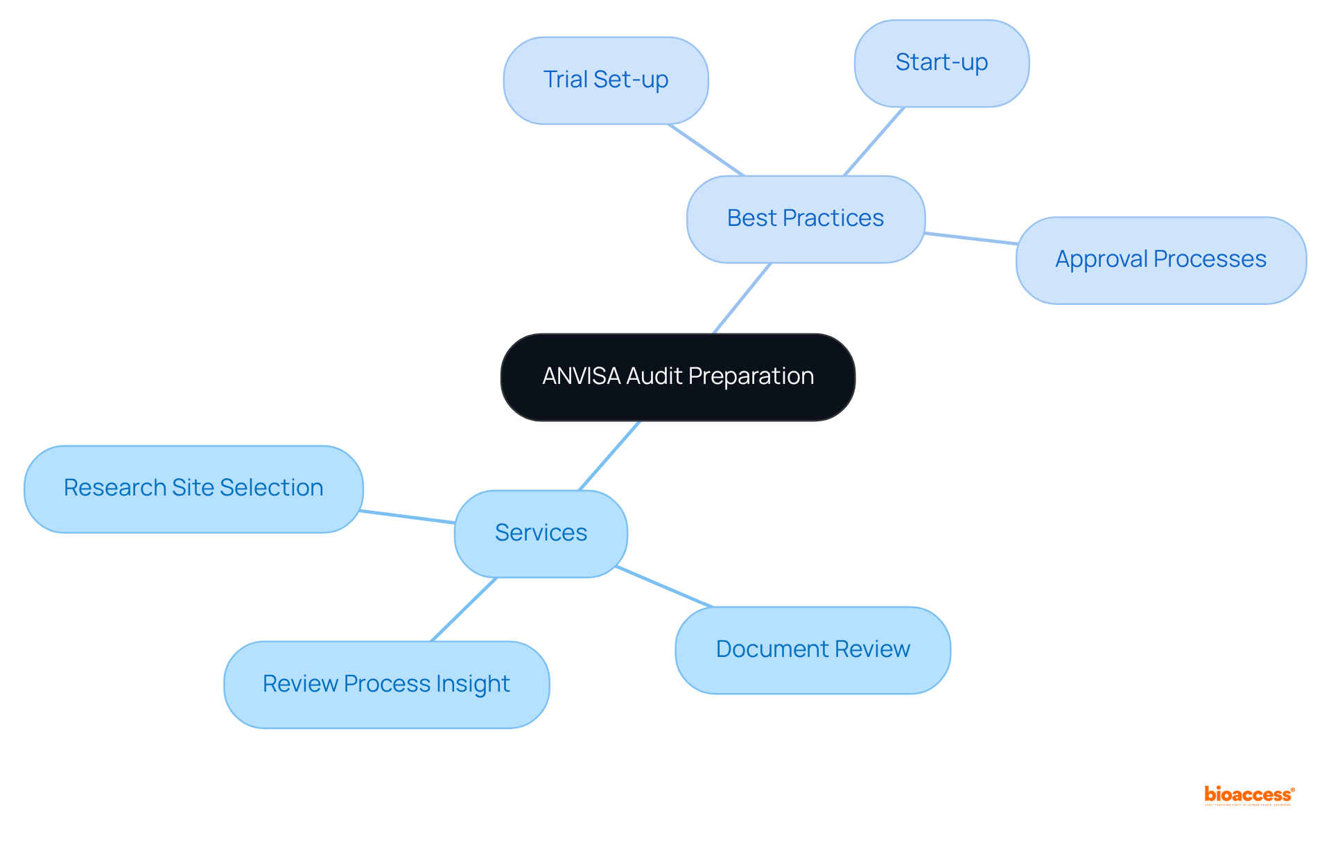 The central node represents the main focus of ANVISA audit preparation, while the branches show the specific services and best practices that support achieving successful audits. The central node represents the main focus of ANVISA audit preparation, while the branches show the specific services and best practices that support achieving successful audits.