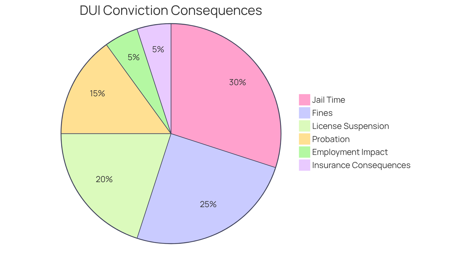 Each slice of the pie represents a different consequence of a DUI conviction. The size of each slice shows how significant that consequence is compared to the others. For example, a larger slice means a more severe impact on a person's life after a DUI. Each slice of the pie represents a different consequence of a DUI conviction. The size of each slice shows how significant that consequence is compared to the others. For example, a larger slice means a more severe impact on a person's life after a DUI.