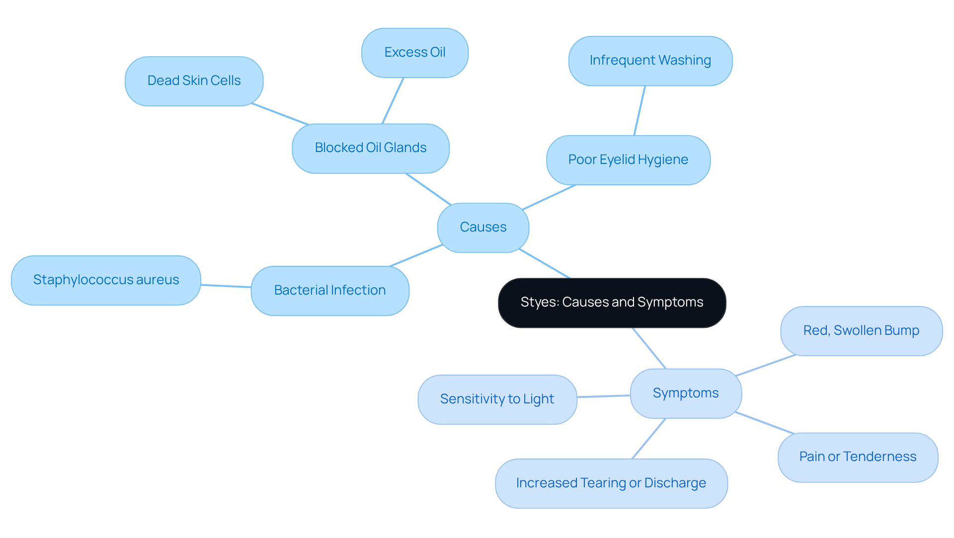 The central node represents styes, with branches showing what causes them and what symptoms to look for. Each color-coded branch helps you quickly identify related information.