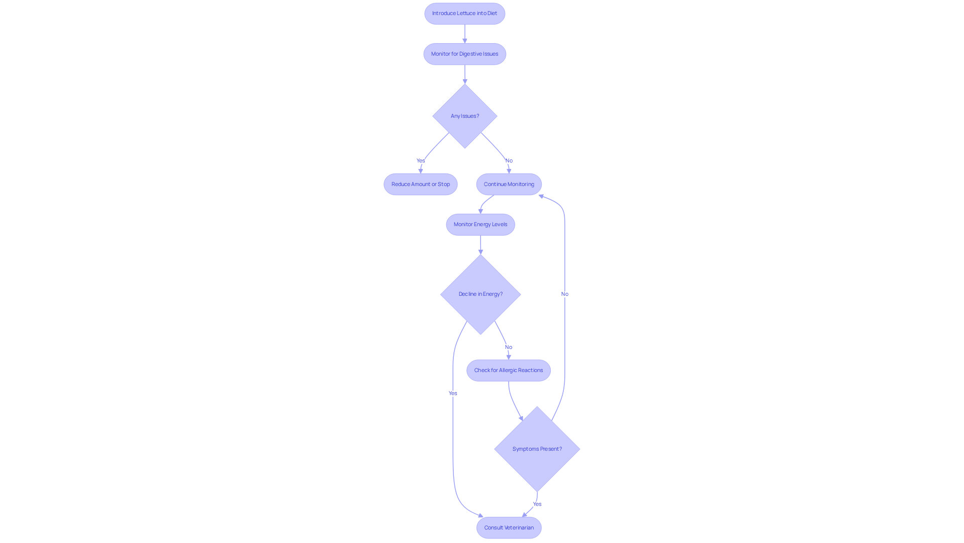 This flowchart guides you through the steps to ensure your dog reacts well to lettuce. Start with introducing lettuce and follow the arrows to monitor symptoms, checking for issues and making decisions based on what you observe.