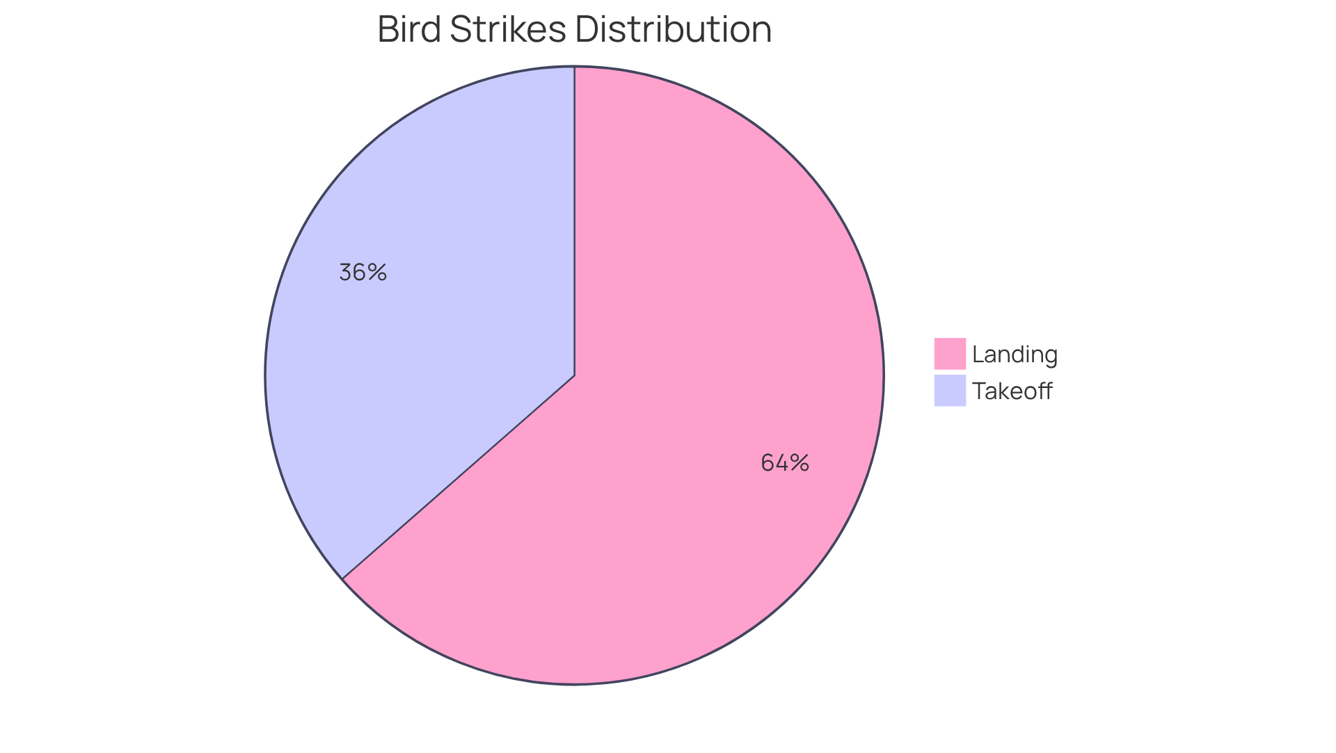 This chart shows how bird strikes are distributed during different flight phases. The larger slice indicates that most strikes happen during landing, while the smaller slice shows the frequency during takeoff and ascent.