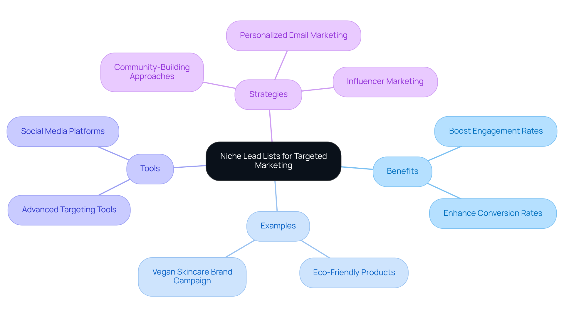 The central idea is niche lead lists, with branches showing the benefits, examples, tools, and strategies related to targeted marketing. Each branch highlights how these elements connect to the main concept.