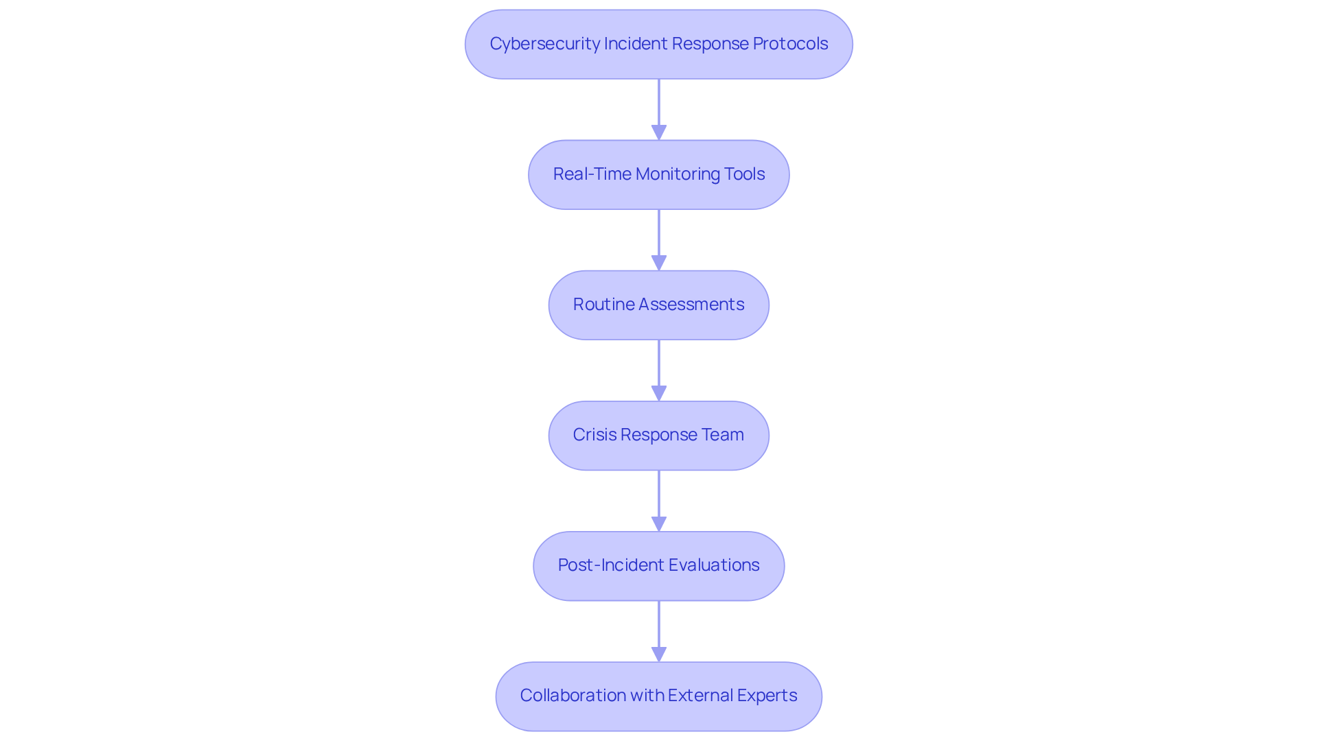 Each box represents a key protocol in the cybersecurity strategy. Follow the arrows to see how each step builds on the previous one, helping organizations prepare for and respond to cyber threats.