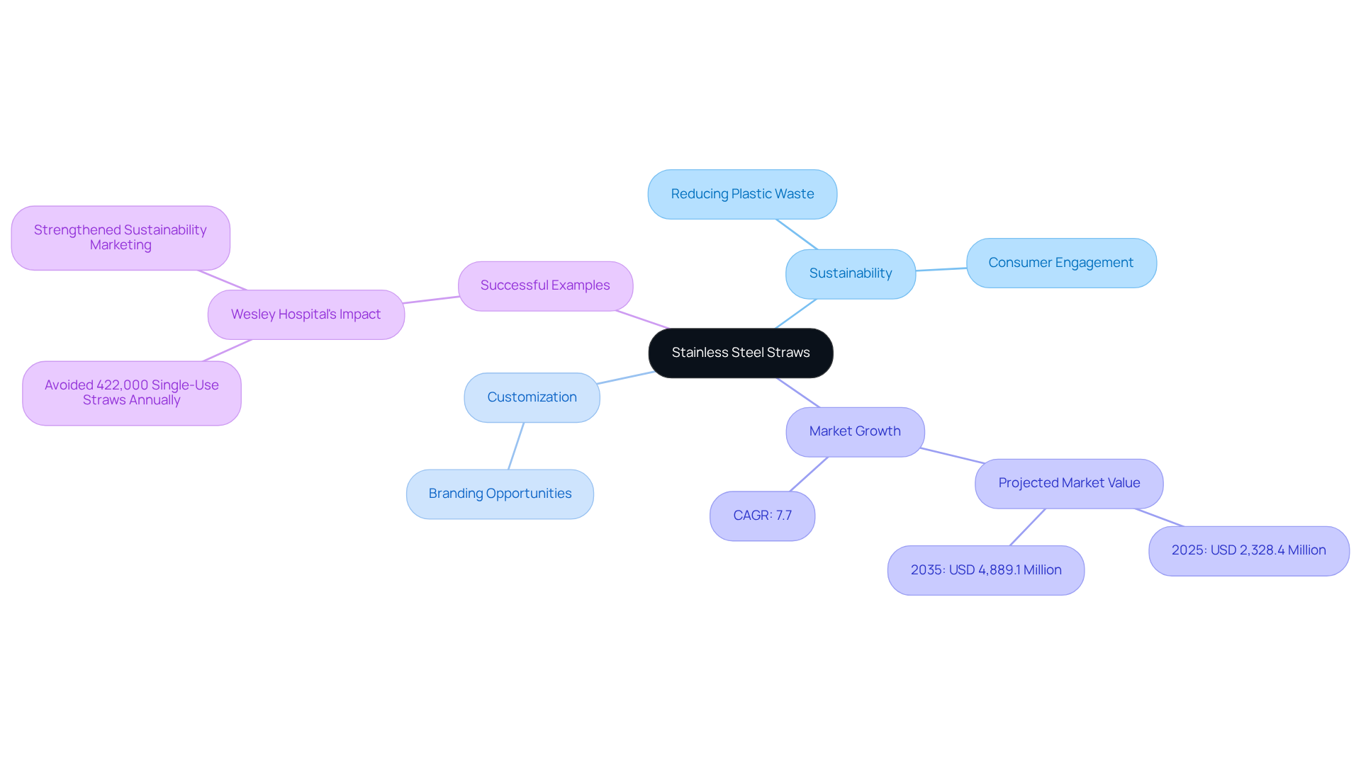 This mindmap shows how stainless steel straws connect to various important themes like sustainability and market growth. Each branch represents a different aspect, helping you see the bigger picture of how these straws can benefit brands and the environment.