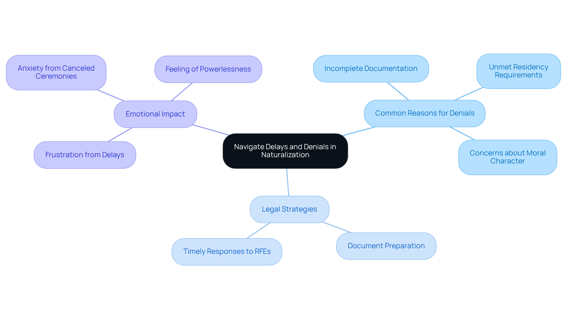 The central node represents the main theme of navigating the naturalization process. Each branch highlights specific challenges or strategies, helping you see how they relate to the overall goal of achieving citizenship.