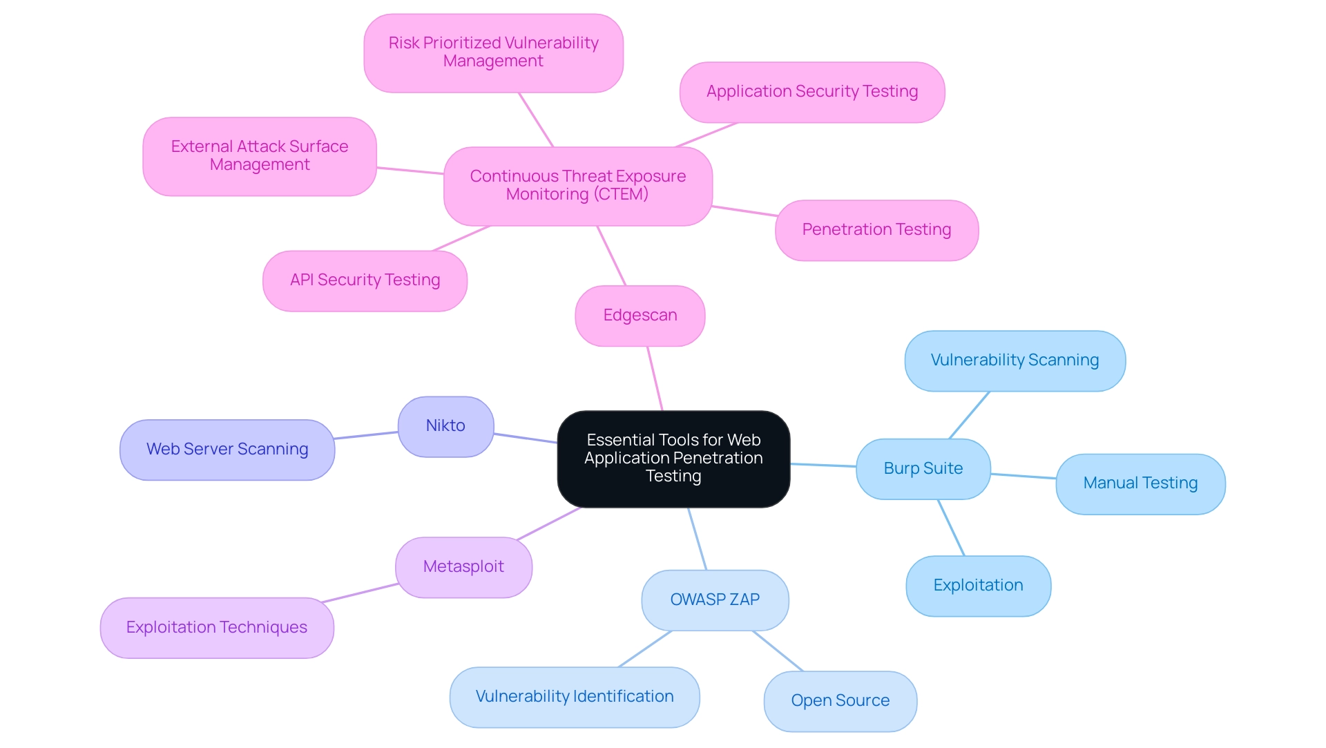 The central node represents the overall theme, while each branch details specific tools and their functions within penetration testing.