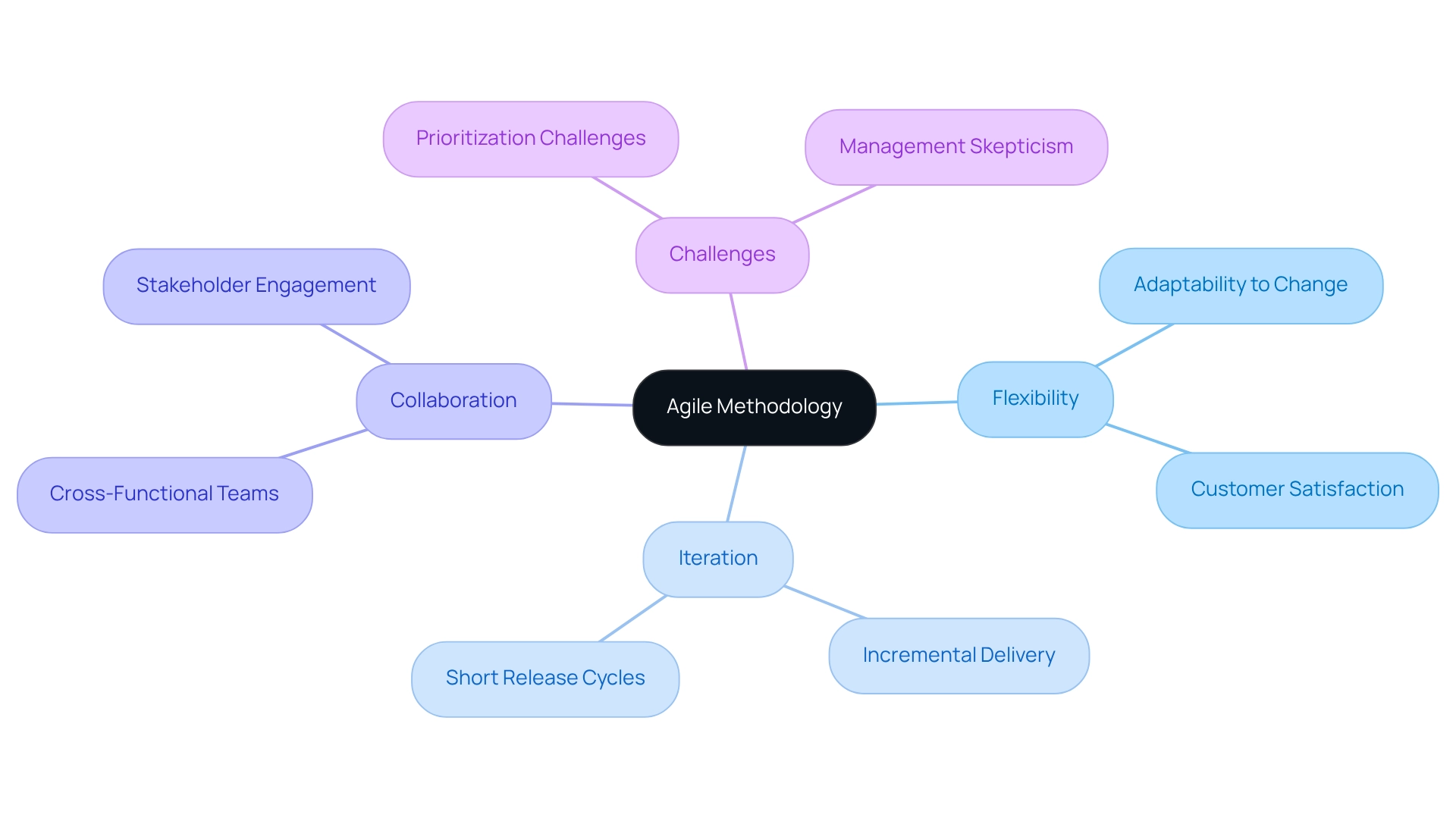 The center node represents Agile methodology. Each branch highlights a core principle or challenge, showing how they all connect and contribute to the overall effectiveness of Agile practices.