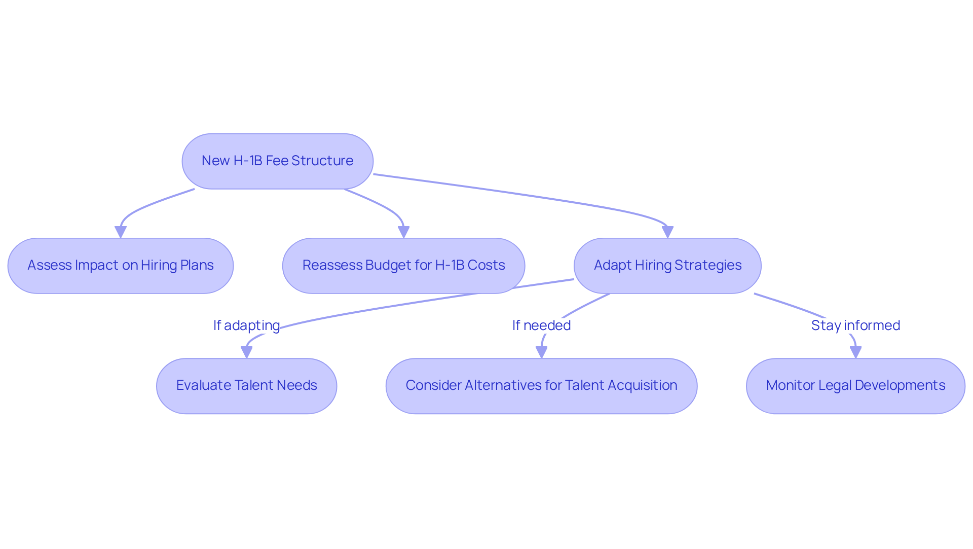 This flowchart guides you through the steps to take in response to the new H-1B fees. Start at the top with the fee structure, then follow the arrows to see how to assess and adapt your hiring plans accordingly.