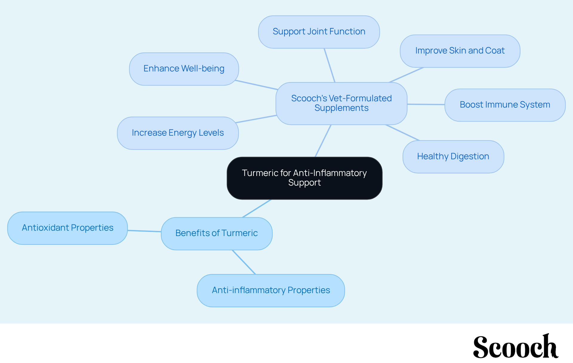 This mindmap shows how turmeric can support your dog's health. The central idea is turmeric's anti-inflammatory properties, branching out to its benefits and the specific features of Scooch's supplements. Each branch highlights how these elements contribute to your dog's overall wellness.