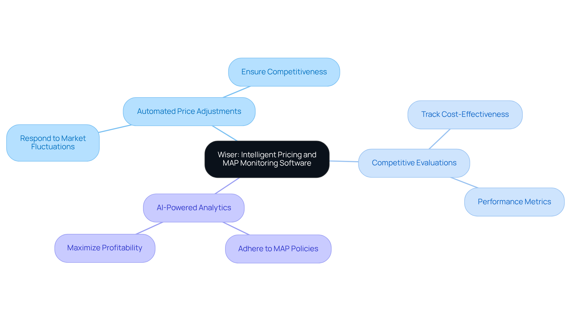 The center represents Wiser software, and the branches show its key features. Each feature has specific benefits that help DTC companies refine their pricing strategies.