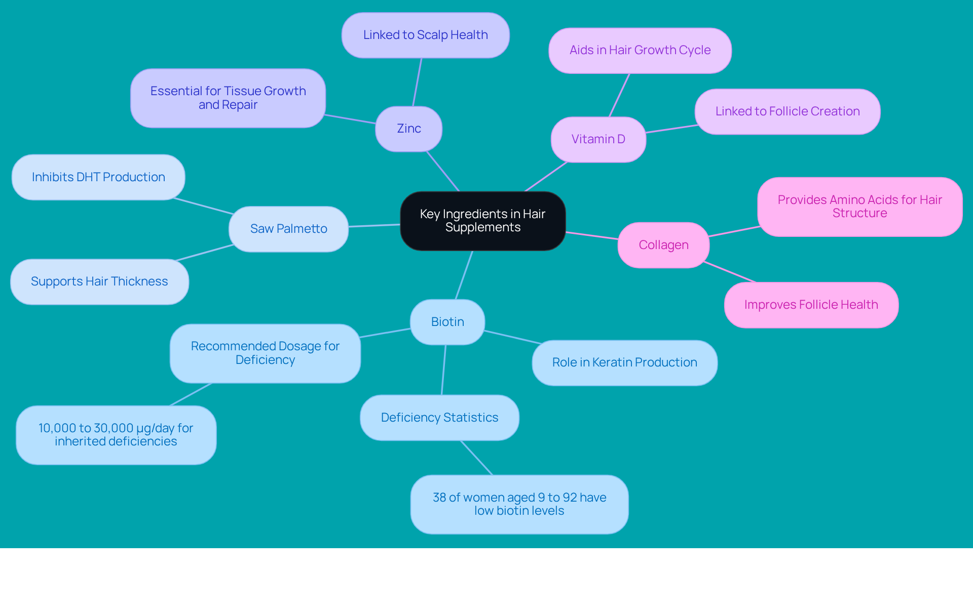 The center represents the main topic, while each outer branch highlights a key ingredient, detailing its importance for hair growth and health.