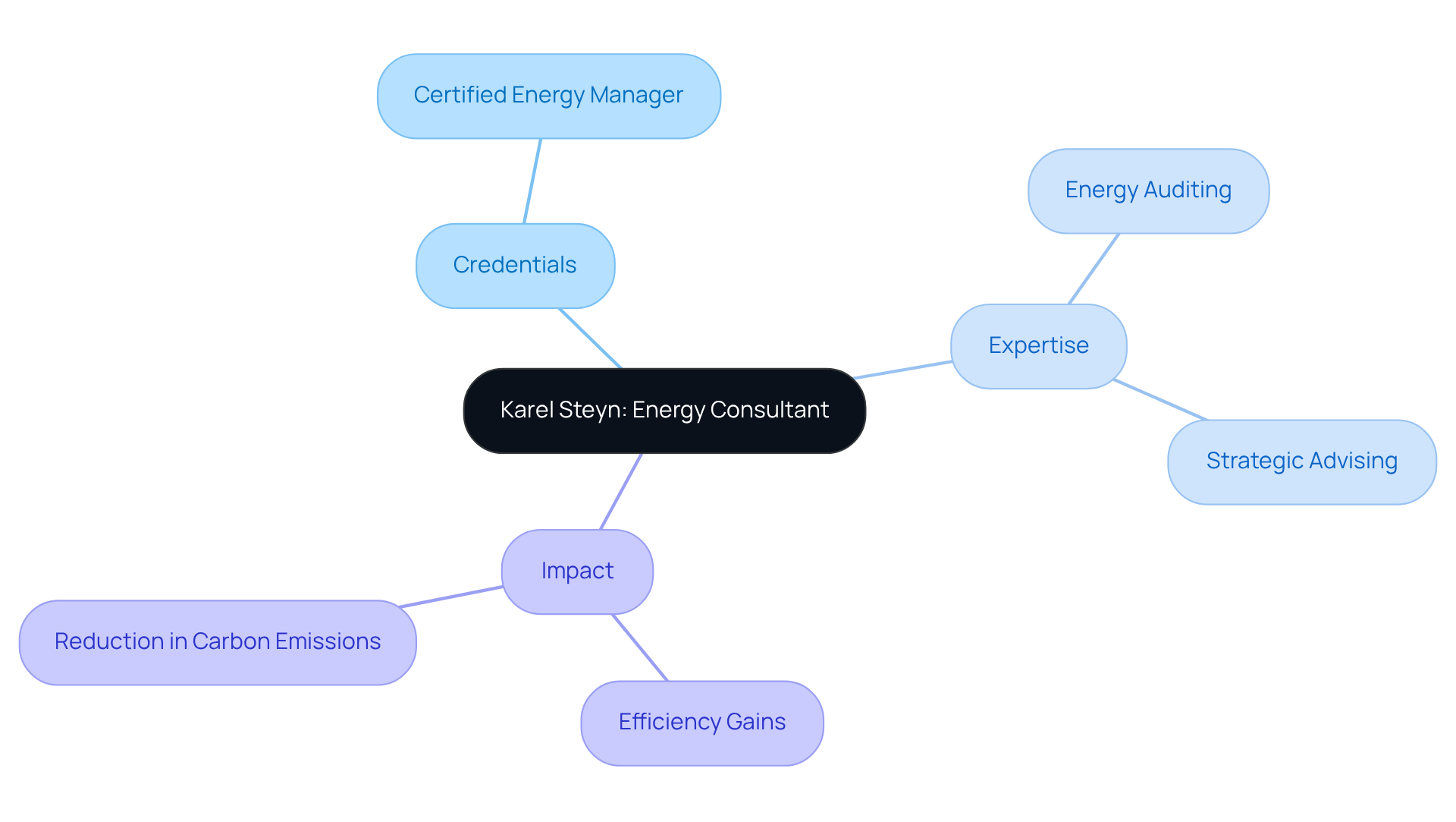 The central node represents Karel Steyn, with branches showing his credentials, areas of expertise, and the impact of his work. This layout makes it easy to understand how his qualifications lead to significant benefits in energy management. The central node represents Karel Steyn, with branches showing his credentials, areas of expertise, and the impact of his work. This layout makes it easy to understand how his qualifications lead to significant benefits in energy management.