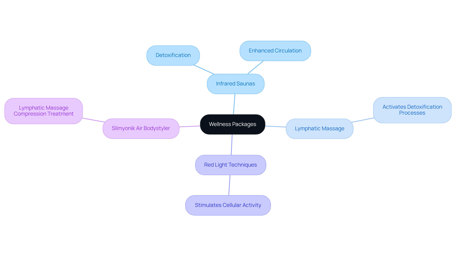 Start at the center with the main concept of wellness packages, and follow the branches to see the different treatments and their associated benefits.