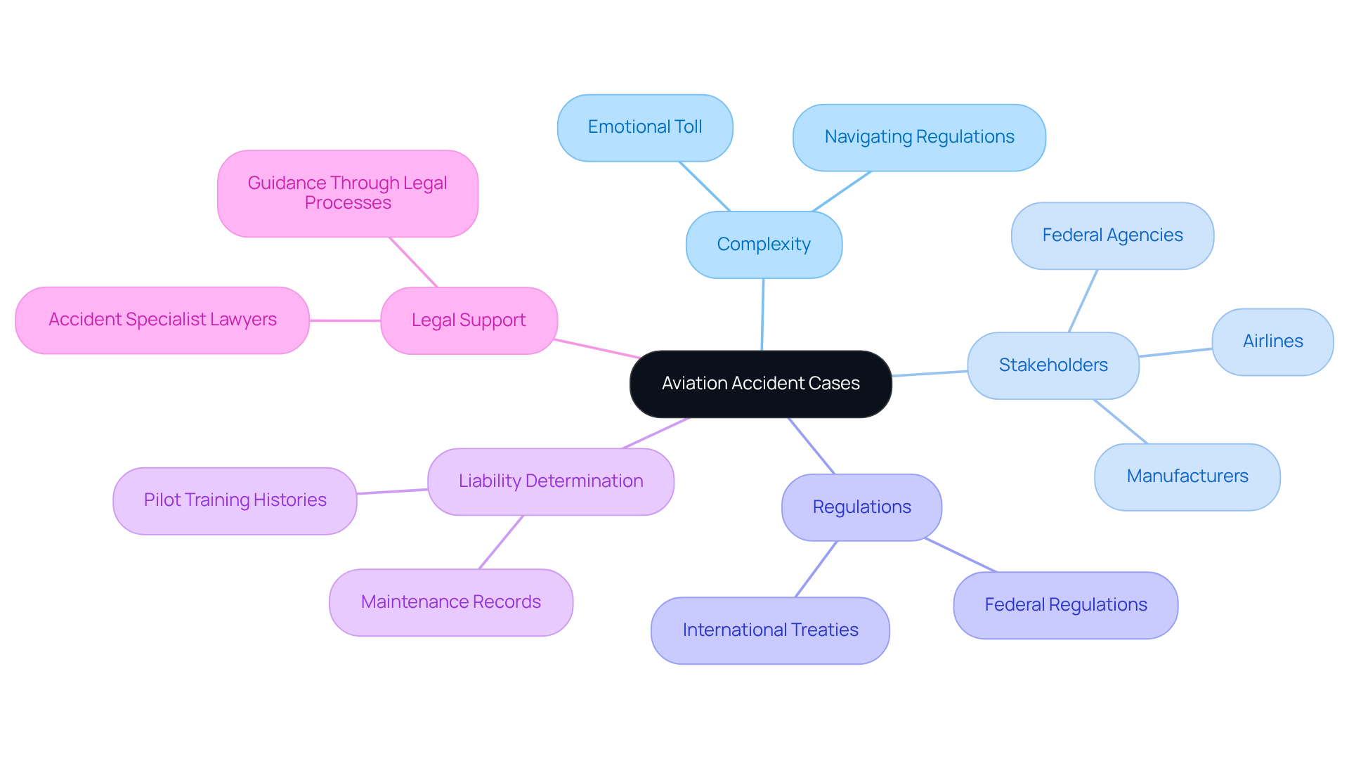 The central node represents the main topic of aviation accident cases. Each branch shows a different aspect of the complexities involved, helping you see how they connect and what areas you might need to focus on.