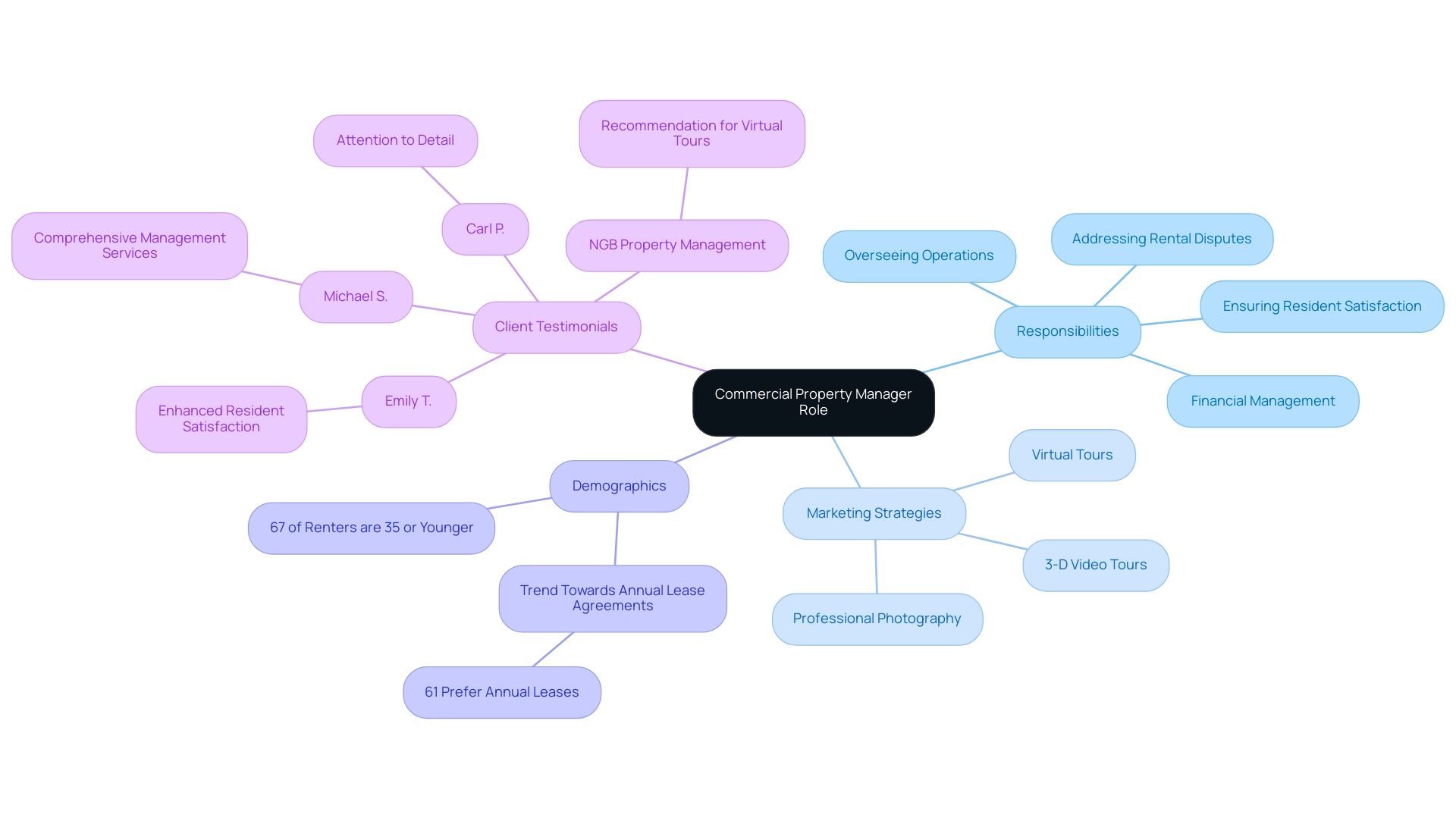 The central node represents the overall role, with branches for key responsibilities, marketing strategies, demographics, and testimonials, each color-coded for clarity.