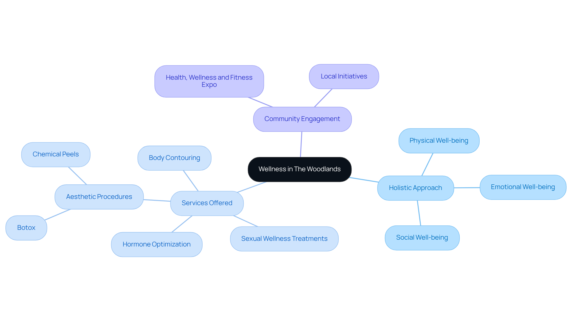 The center represents the overall concept of wellness, with branches showing different aspects and services. Each color-coded branch helps you see how everything connects to the main idea.