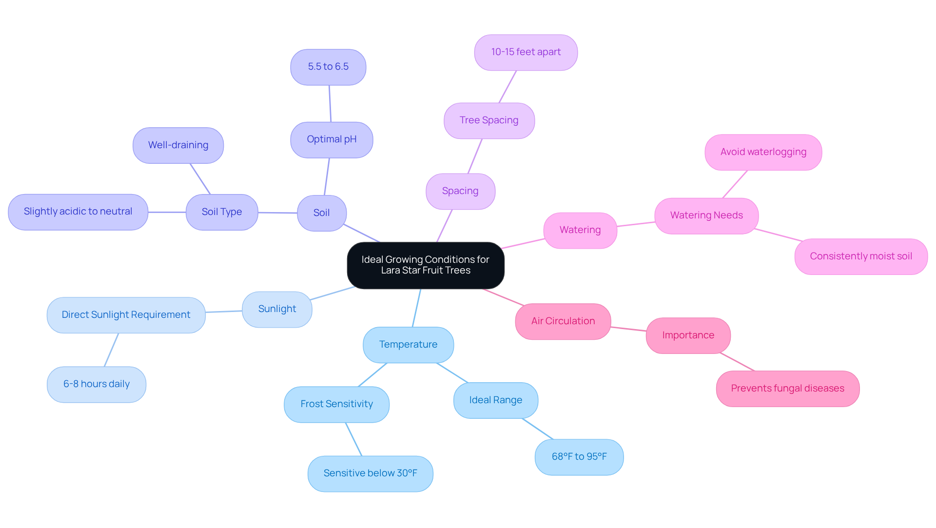 This mindmap illustrates the essential conditions needed for growing healthy Lara Star Fruit Trees. Each branch represents a critical factor, and the sub-branches provide specific details to guide successful gardening.