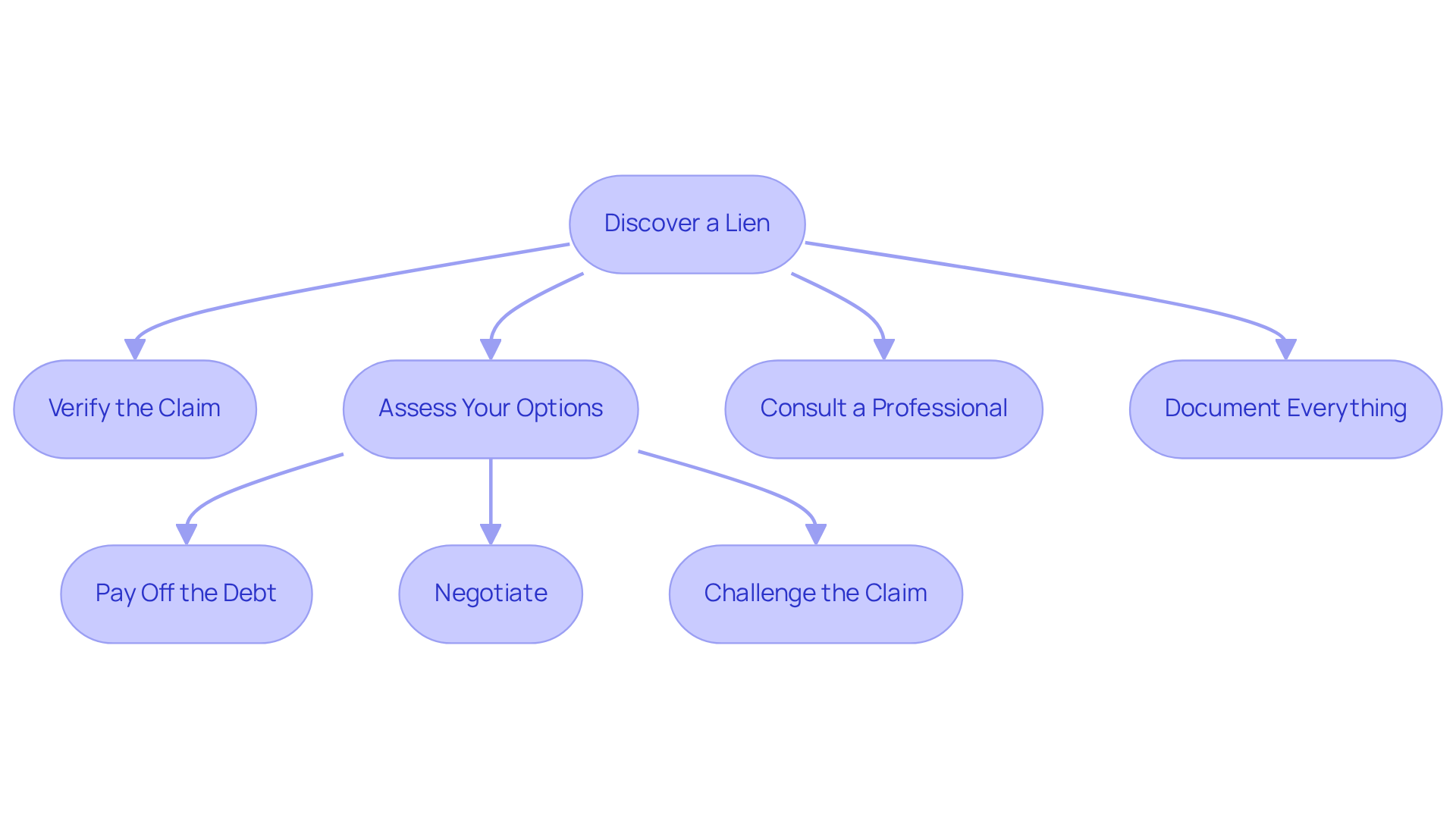 This flowchart guides you through the process of addressing a lien. Start at the top with 'Discover a Lien' and follow the arrows to see what steps to take next. Each box represents a key action, and under 'Assess Your Options', you can see different strategies to resolve the lien.