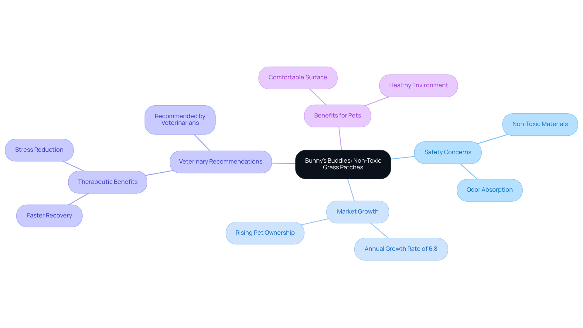 The central node represents Bunny's Buddies' focus on safe indoor play for dogs. Each branch highlights important aspects like safety, market trends, and benefits, helping you understand the growing importance of non-toxic products in pet care.