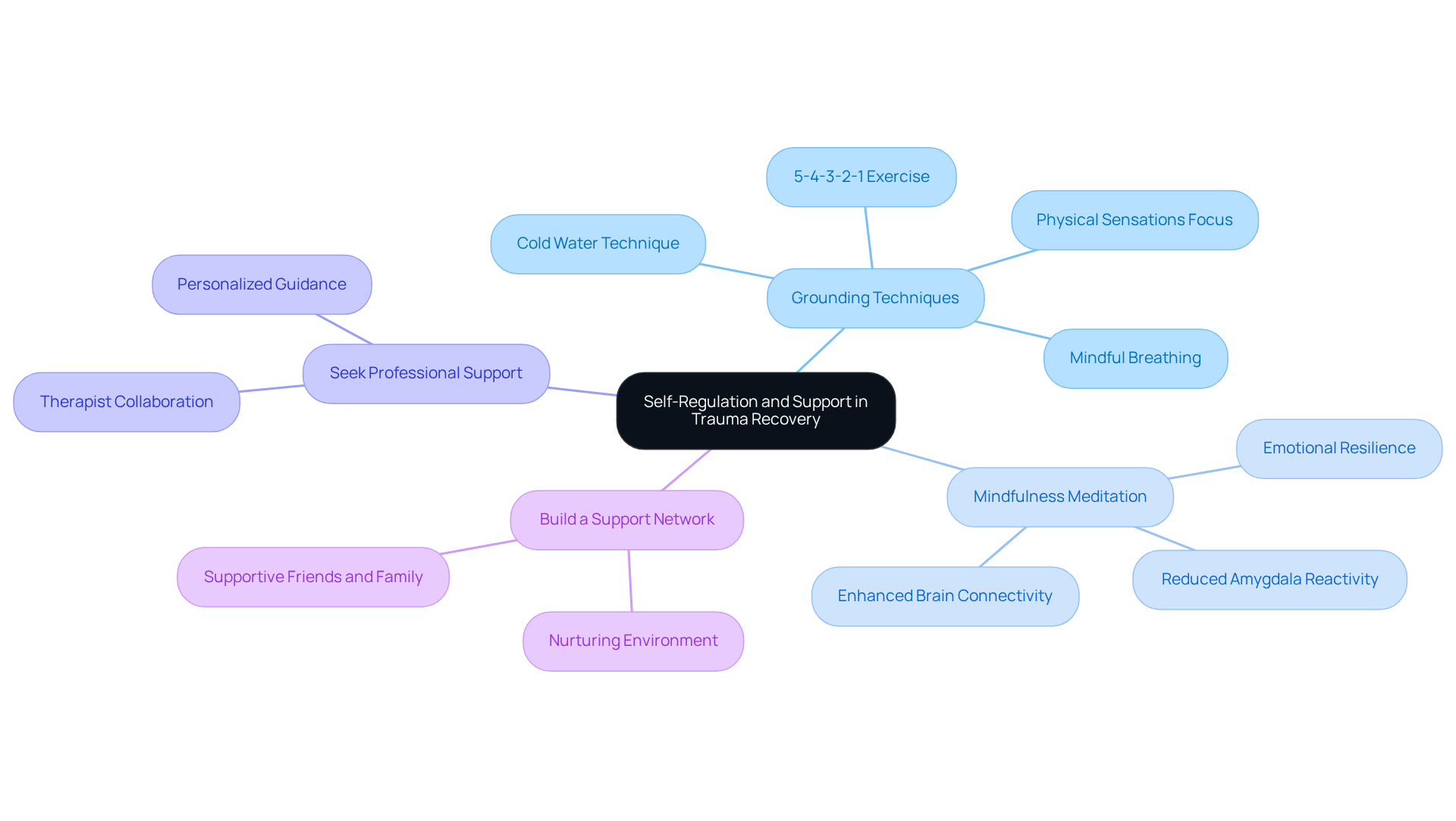 The central node represents the main theme of self-regulation and support. Each branch shows a specific strategy, with further details provided in the sub-branches. This layout helps you see how each strategy contributes to healing and personal growth.