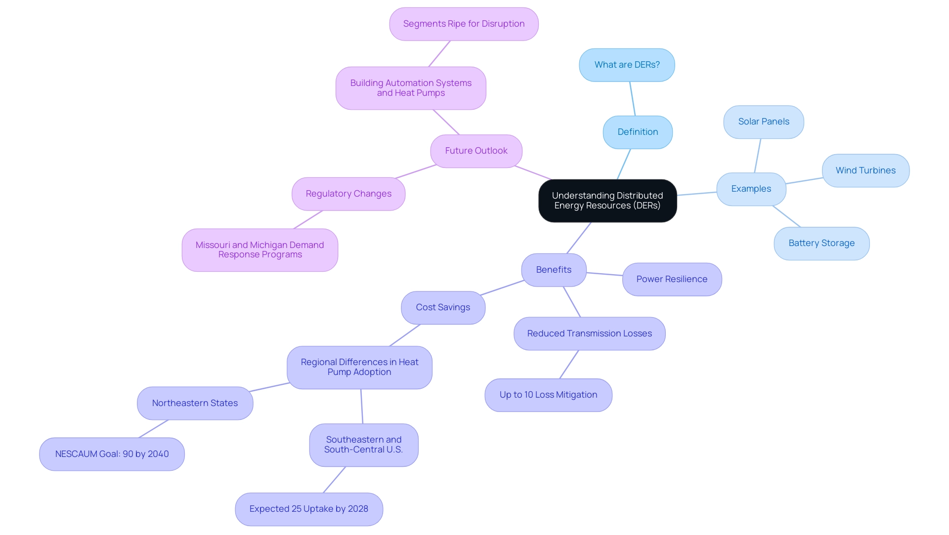 The central node represents DERs, with branches for definition, examples, benefits, and future outlook. Different colors indicate different categories of information.