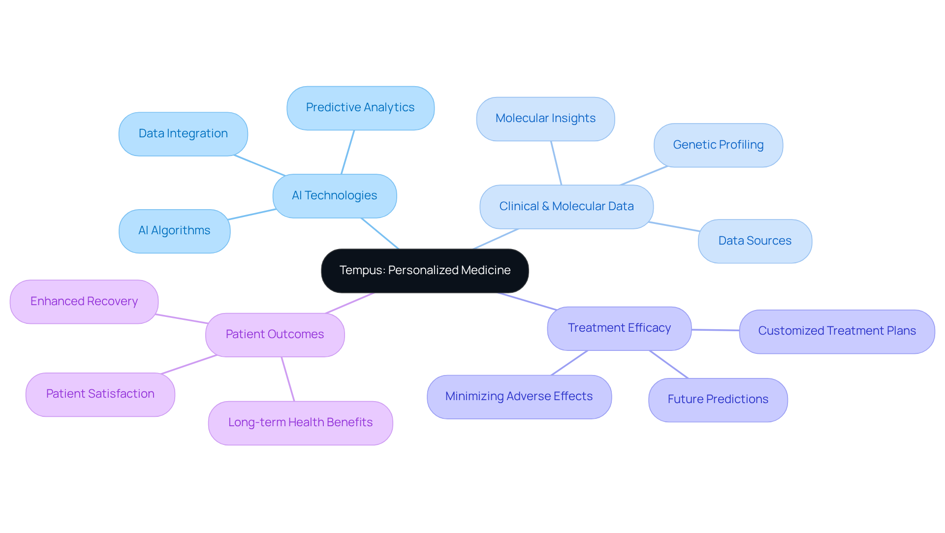 The central node represents Tempus's focus on personalized medicine, while the branches illustrate how AI and data integration contribute to better treatment plans and patient outcomes.