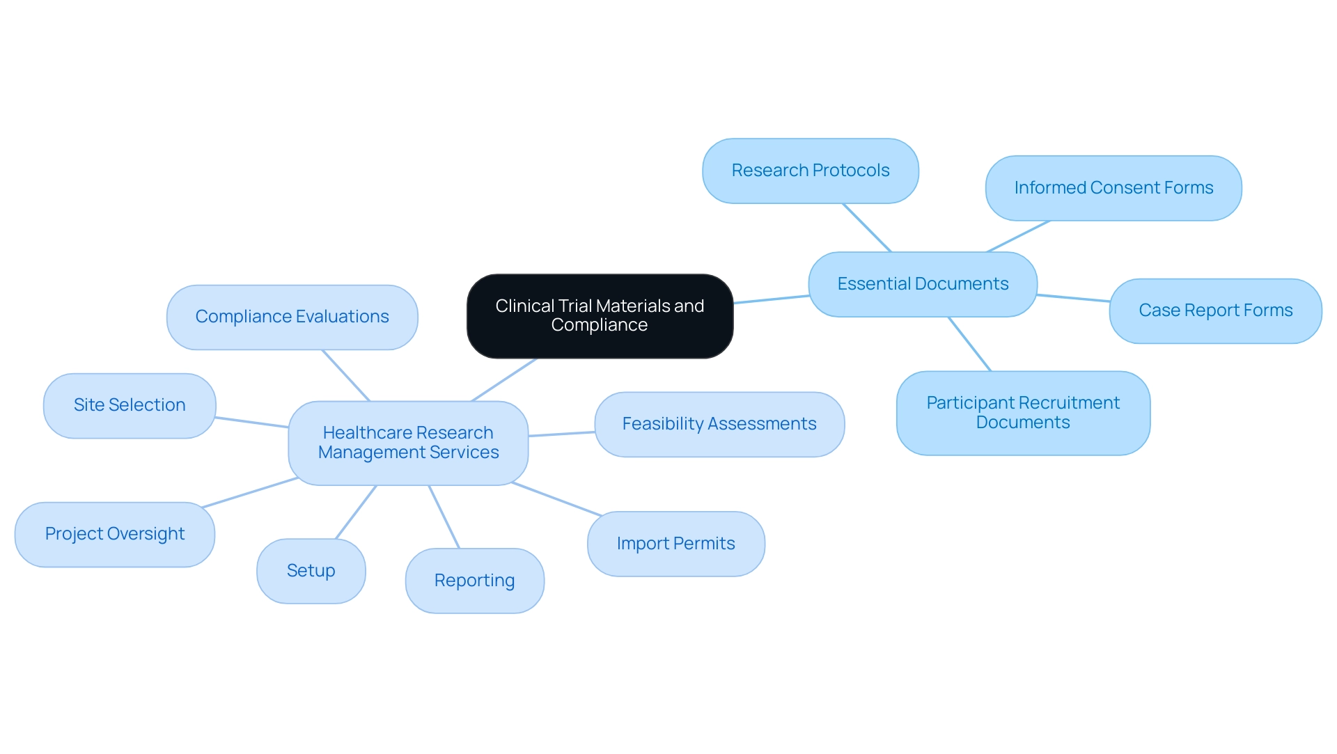 The central node represents the overall theme, with branches showing essential documents and management services, each color-coded for clarity.